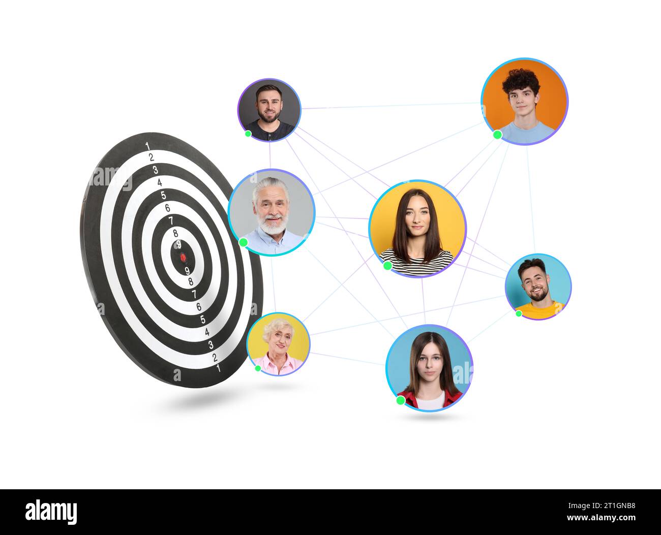 Target audience. Dartboard surrounded by photos of potential clients ...