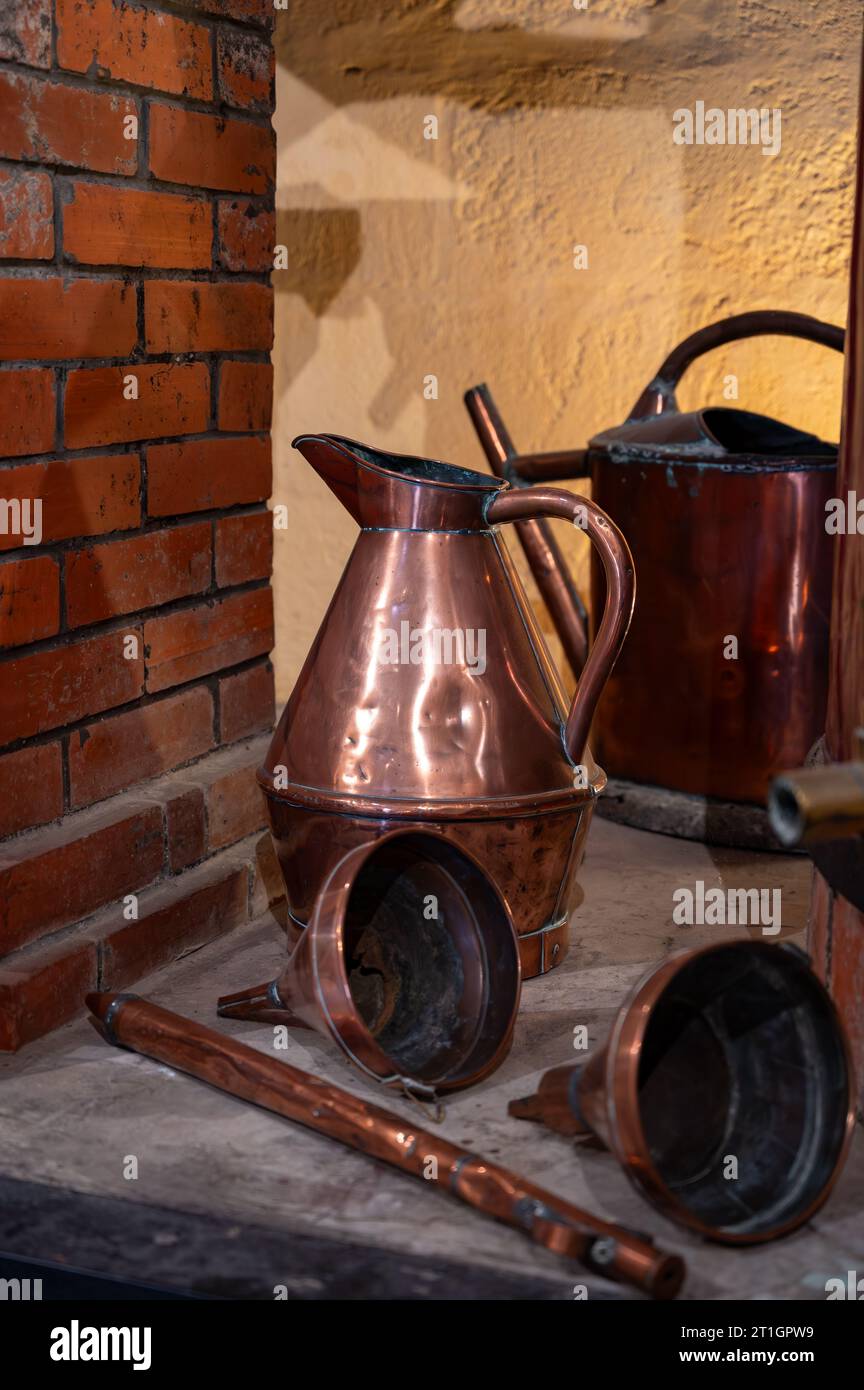 Double distillation process of cognac spirit in Charentias copper still ...