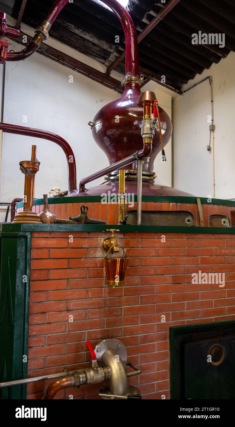 Double distillation process of cognac spirit in Charentias copper still ...