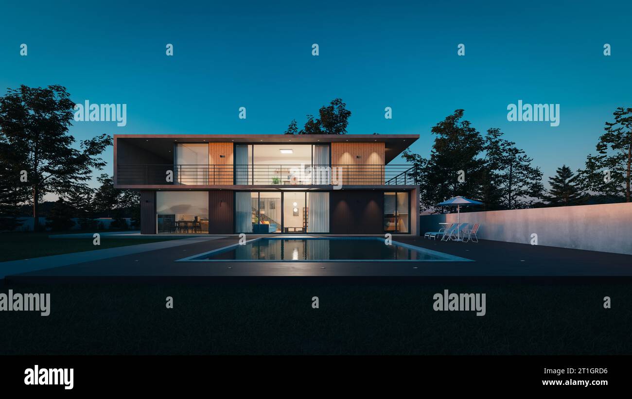 A perspective view of a two-story modern house with a pool and lawn ...