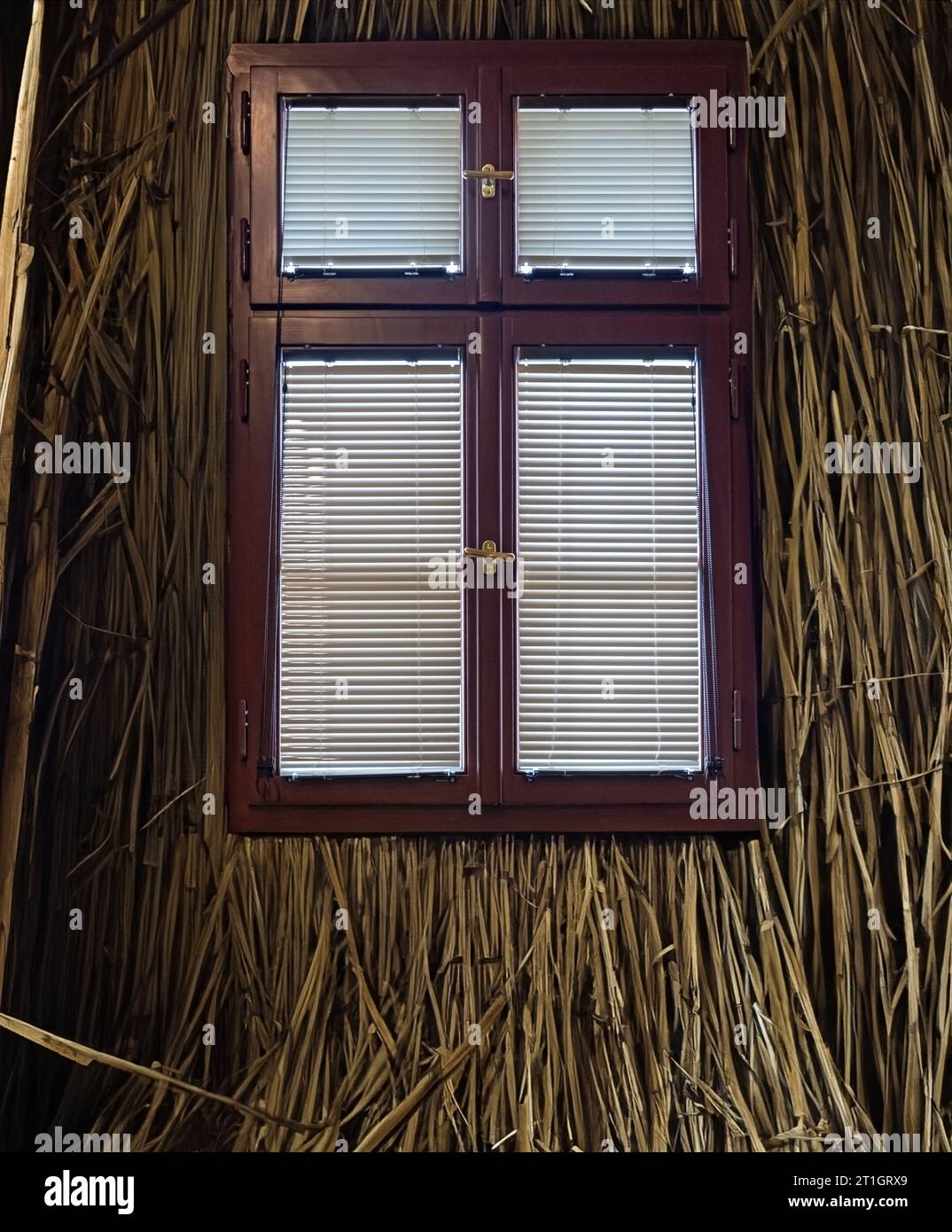 Windows with horizontal blinds in a room with straw walls Stock Photo ...