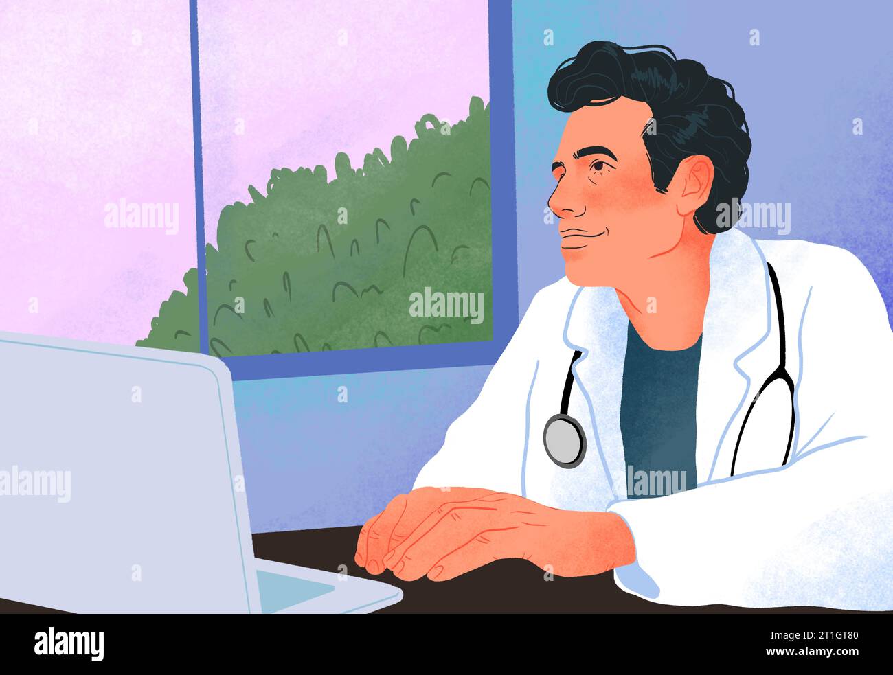 Doctor looking out of window, illustration Stock Photo - Alamy