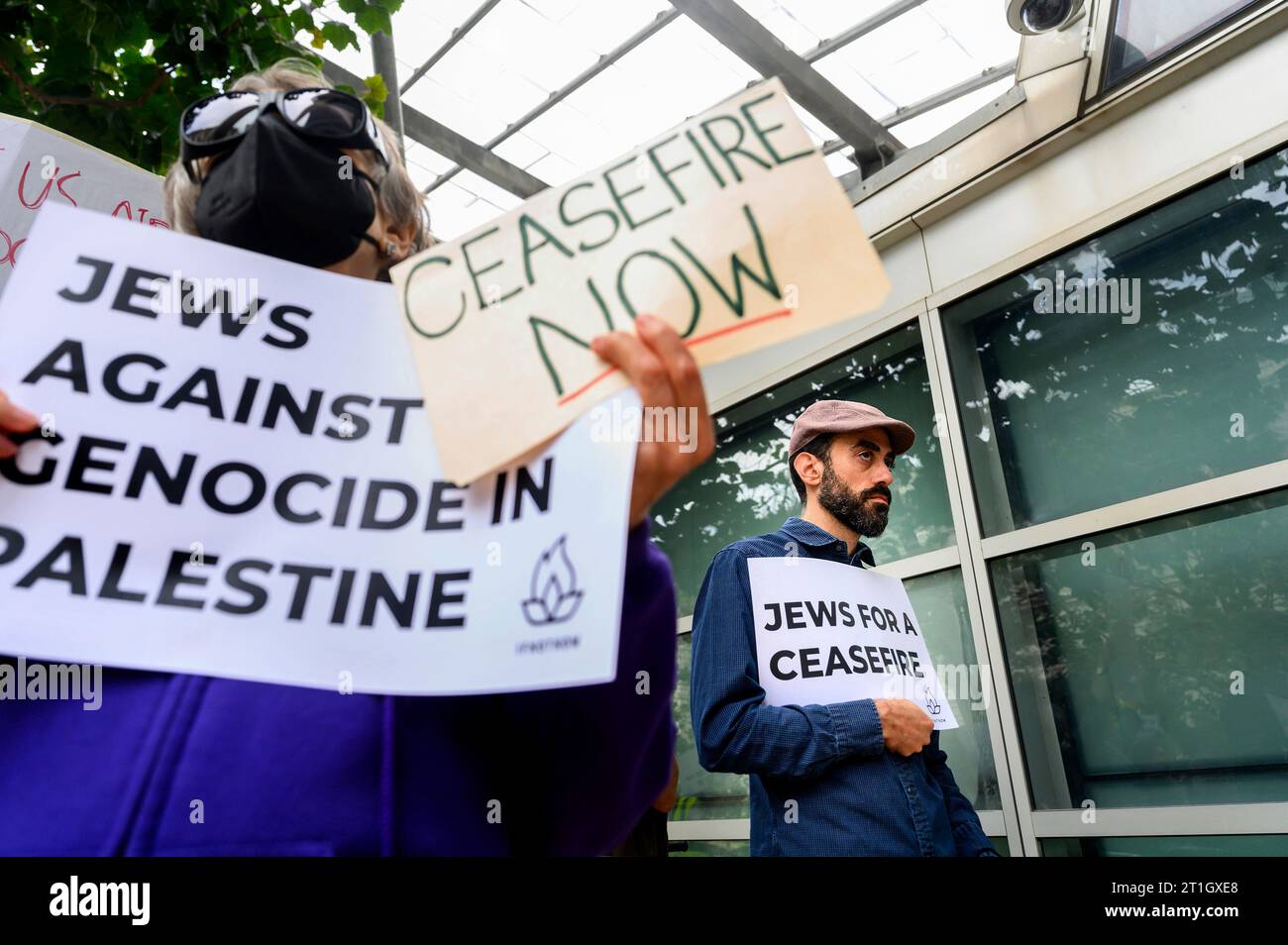 Josh Geyer, right, joins about 200 pro-Palestinian Jews demonstrating outside the San Francisco ...
