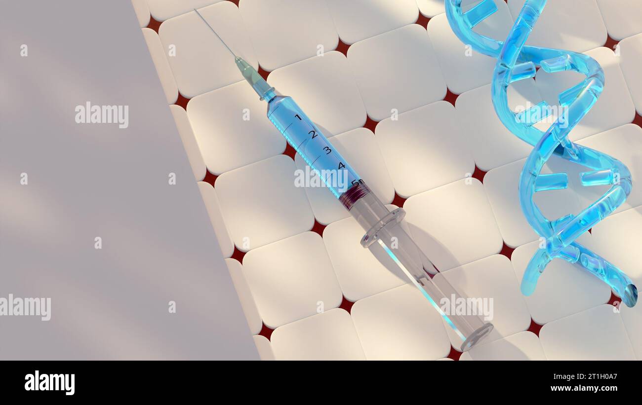 Modern view blue liquid inside of syringe and DNA helix 3d rendering ...