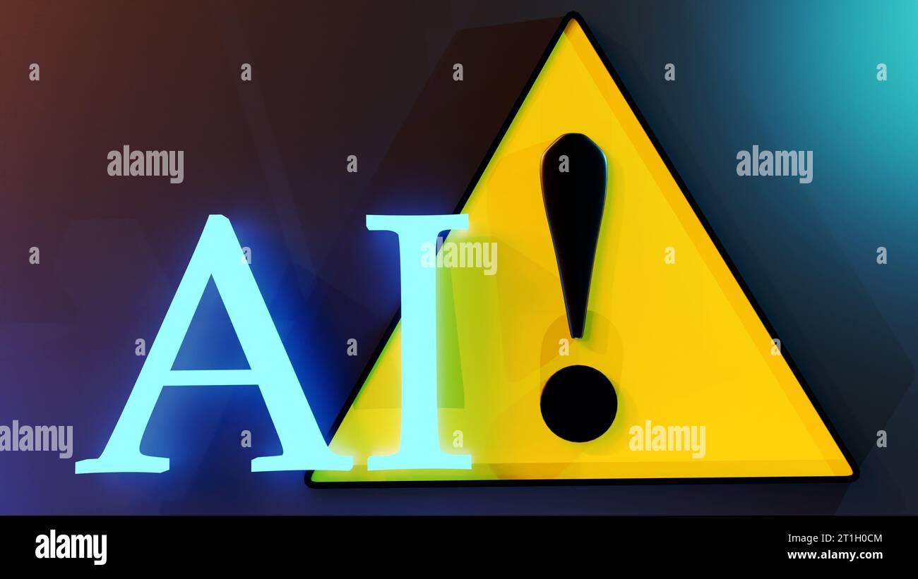Artificial Intelligent with danger sign exclamation mark in yellow 3d ...