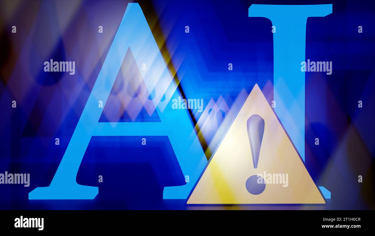 Artificial Intelligent with danger sign exclamation mark in yellow 3d ...