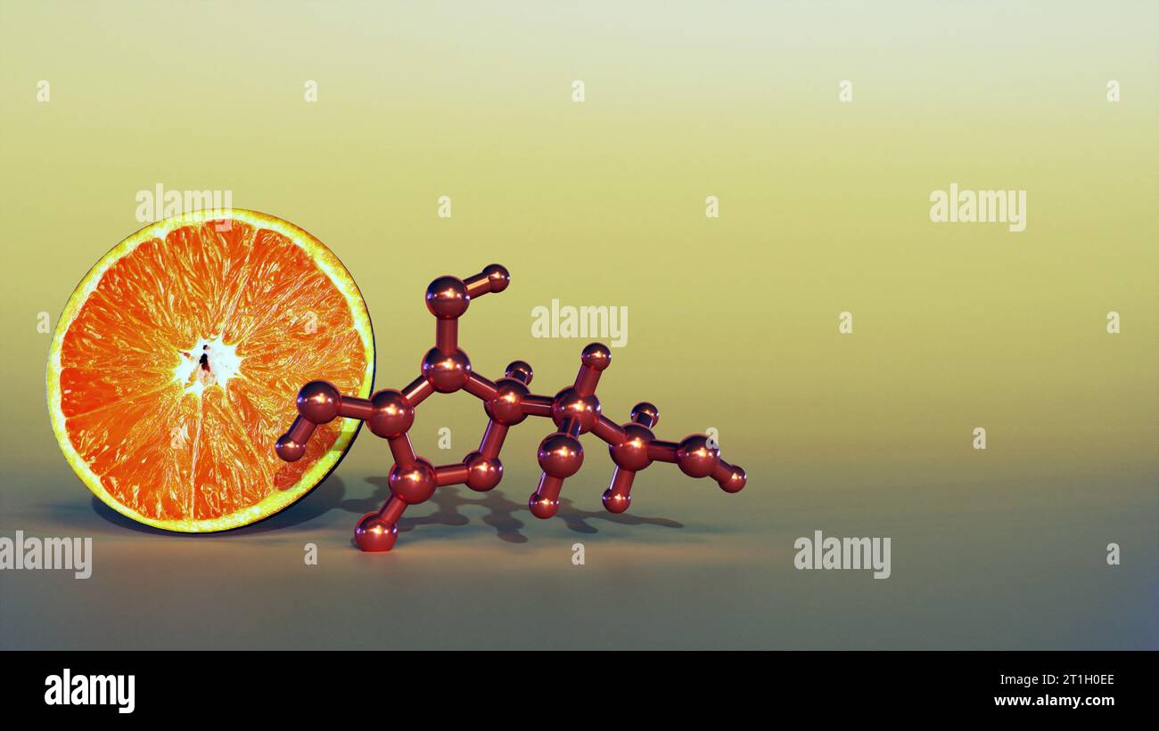 Ascorbic acid or vitamin c molecule with half cut orange fruits 3d ...