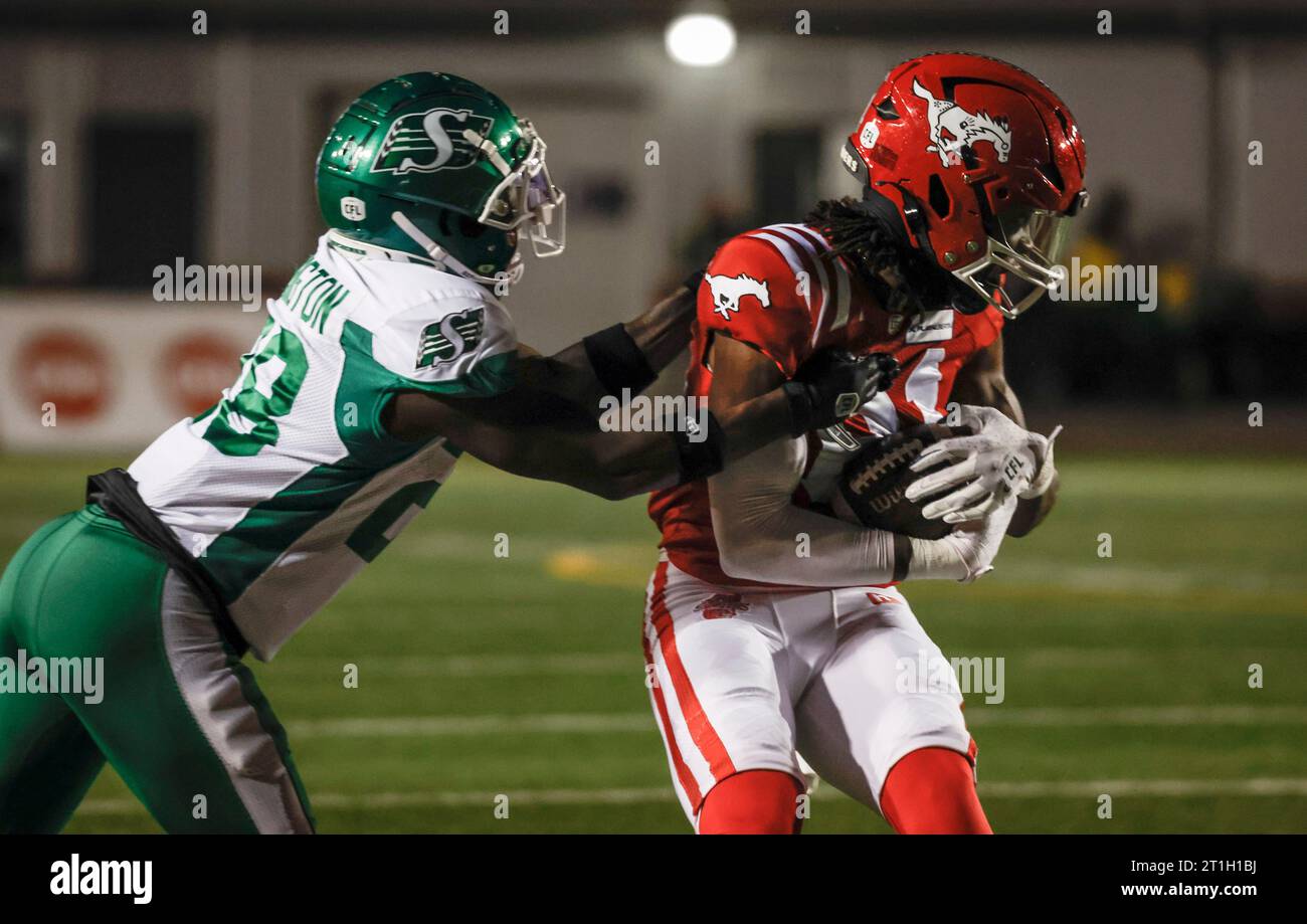 Calgary, Canada. 13th Oct, 2023. Saskatchewan Roughriders defensive ...