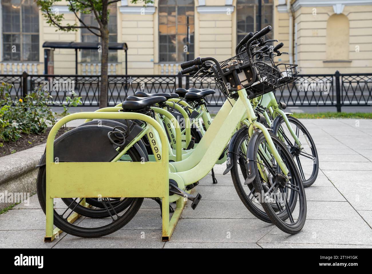 Parking area with cycles, bicycle sharing. Ecologic transport, bike ...