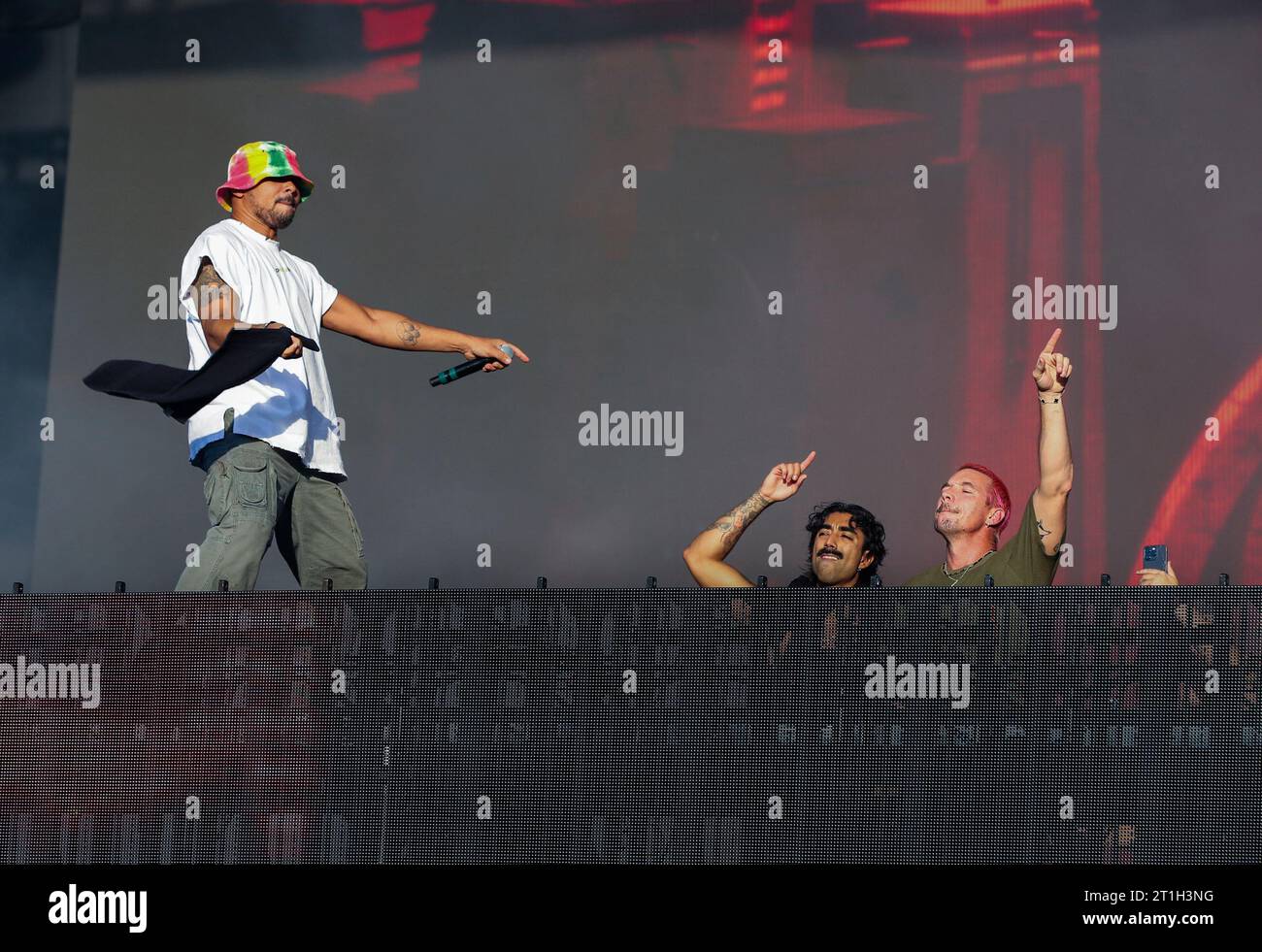 Major Lazer's DJ Walshy Fire, Ape Drums and Diplo, from left, perform ...