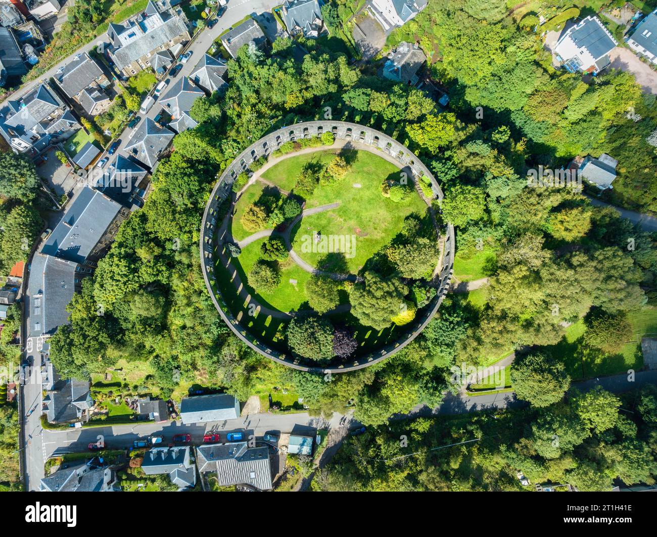 Aerial view, top down view to McCaig's Tower, on Battery Hill, a ...