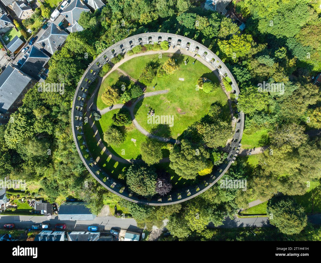 Aerial view, top down view to McCaig's Tower, on Battery Hill, a ...
