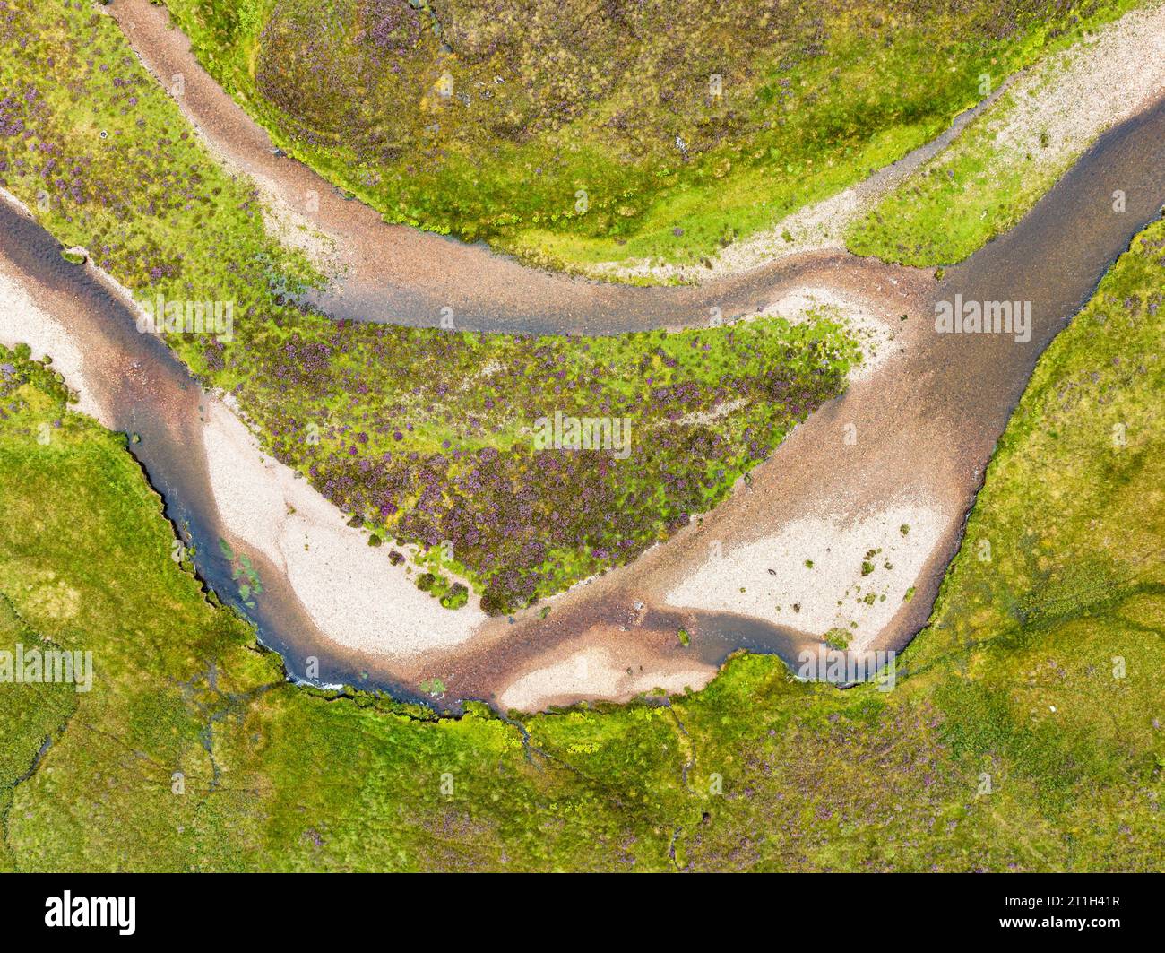 Aerial view, top down view of the River Coe in Glen Coe, Highlands ...