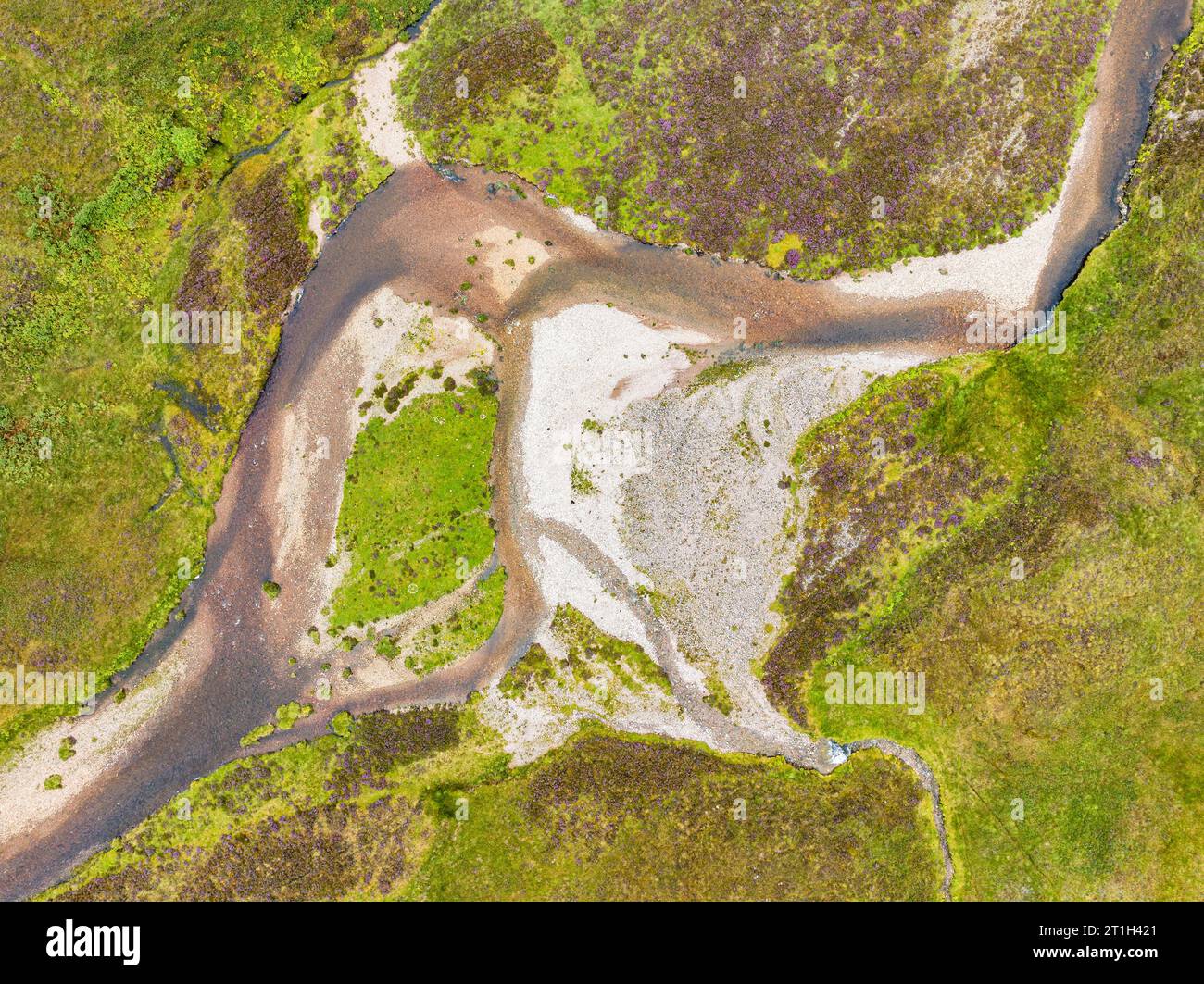 Aerial view, top down view of the River Coe in Glen Coe, Highlands ...