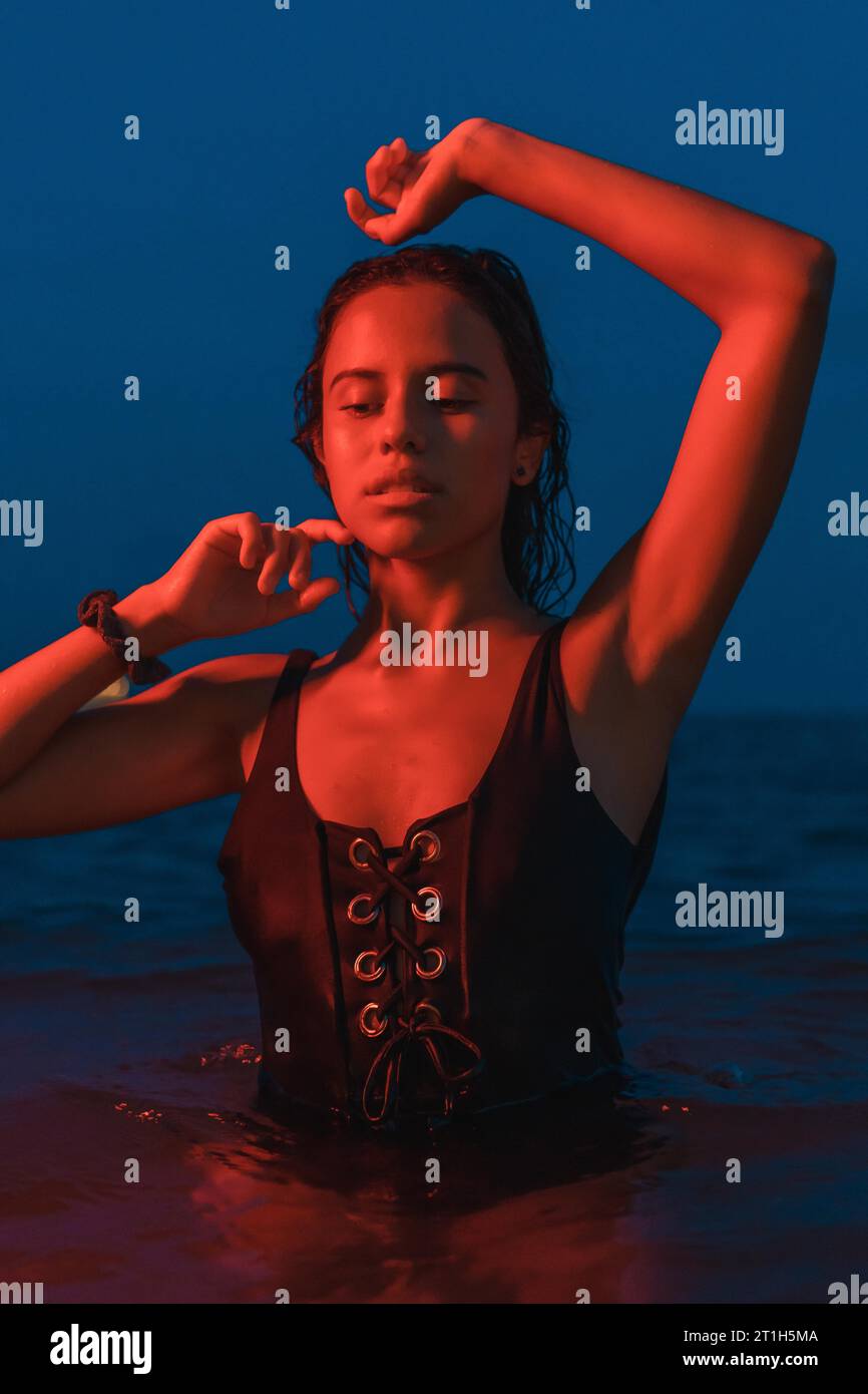 Lifestyle Of A Young Pretty Brunette Caucasian Posing Bathing At Night