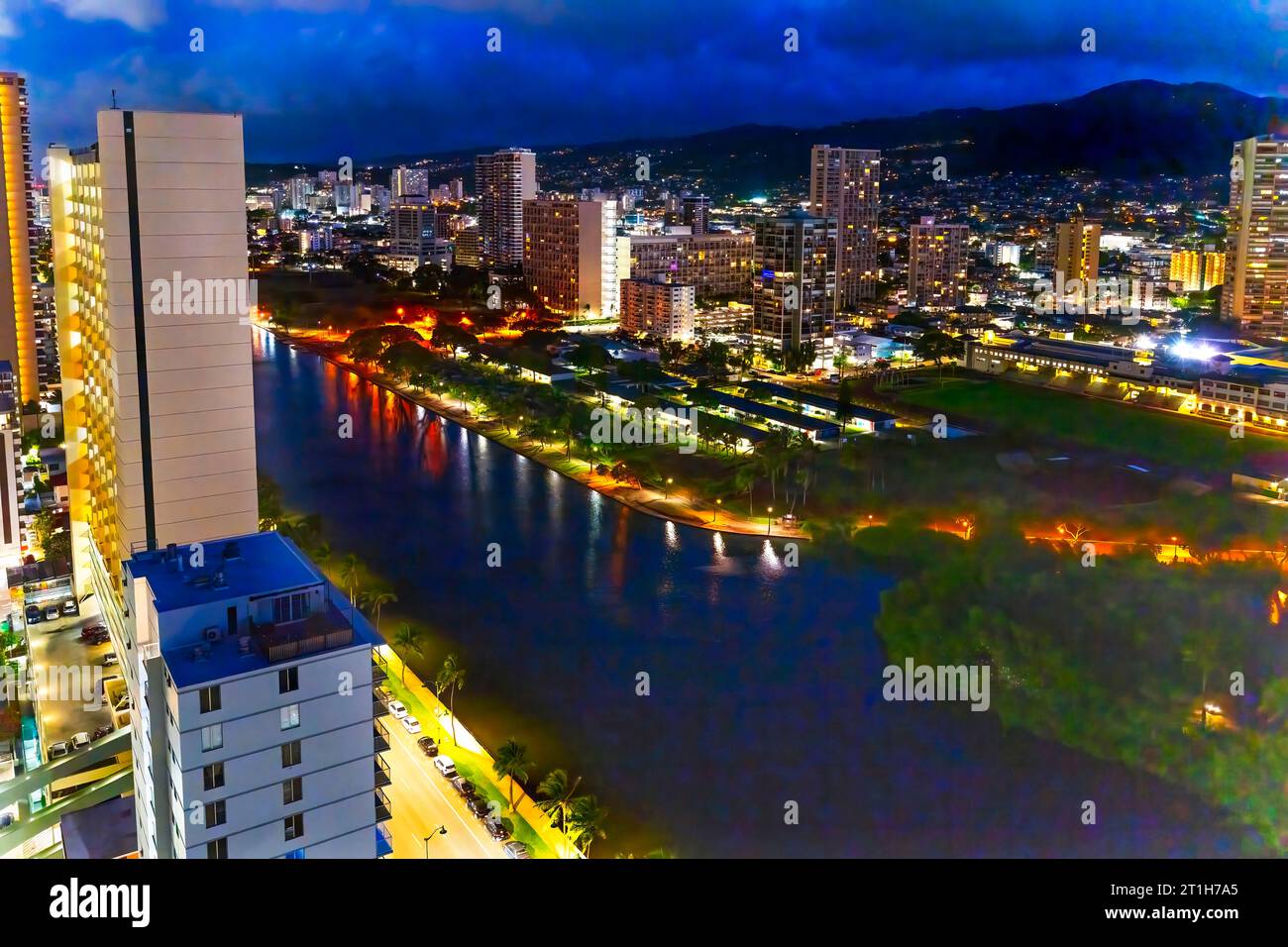 Colorful Illuminated Night Buildings Waikiki Ala Wai Canal Hotels ...