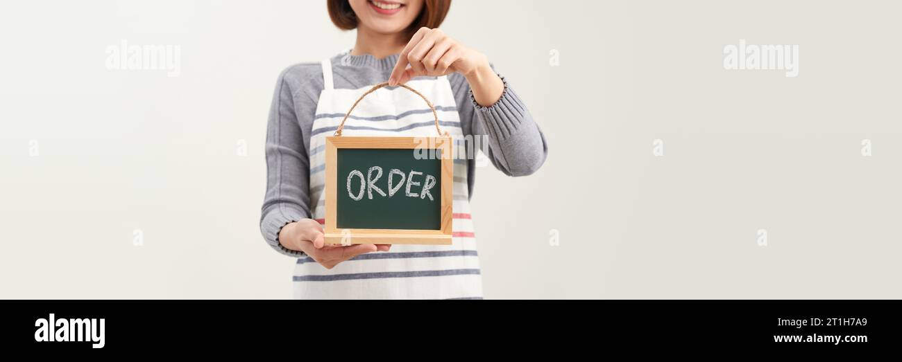 Woman hold order sign for small business on white background Stock ...