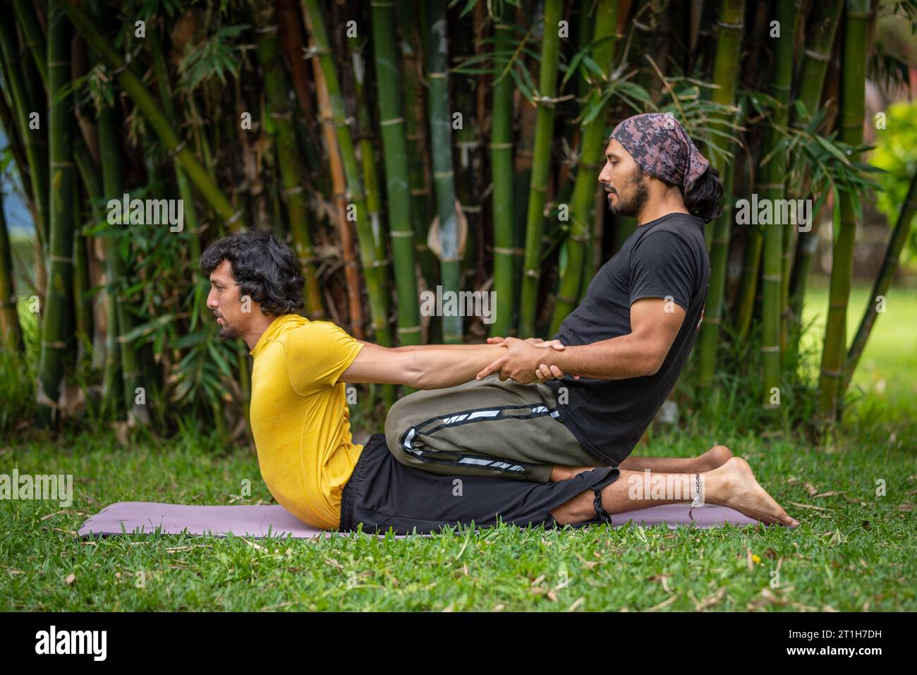 Thai Massage Therapy Session Full Body Massage With Bamboo Background Outoors Two Men Stock