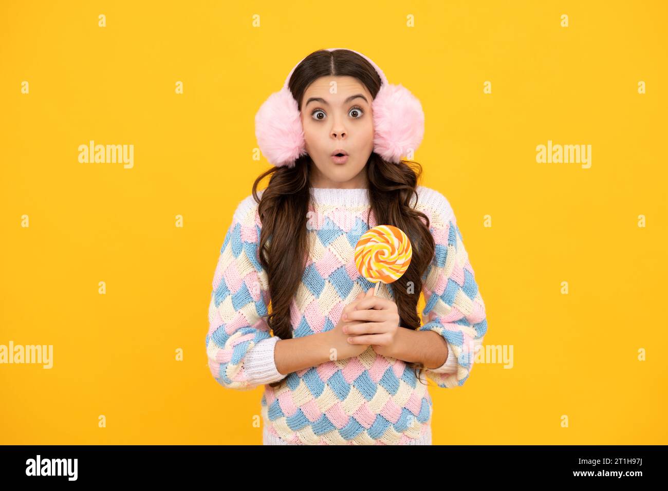 Teenager girl with caramel candies on sticks, sweet sugar addiction ...