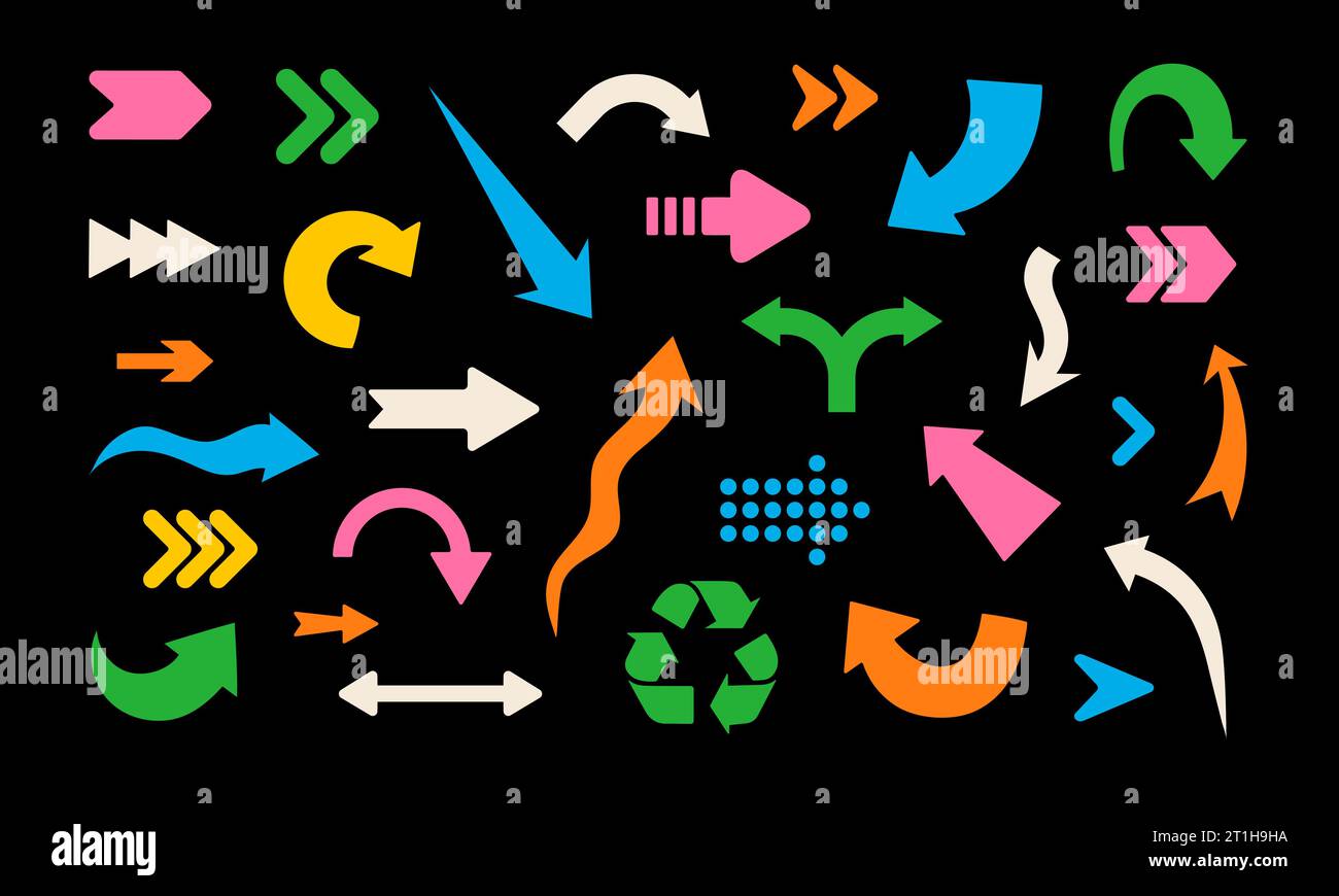 Colorful arrows set on dark background. Abstract icons in modern sketch ...