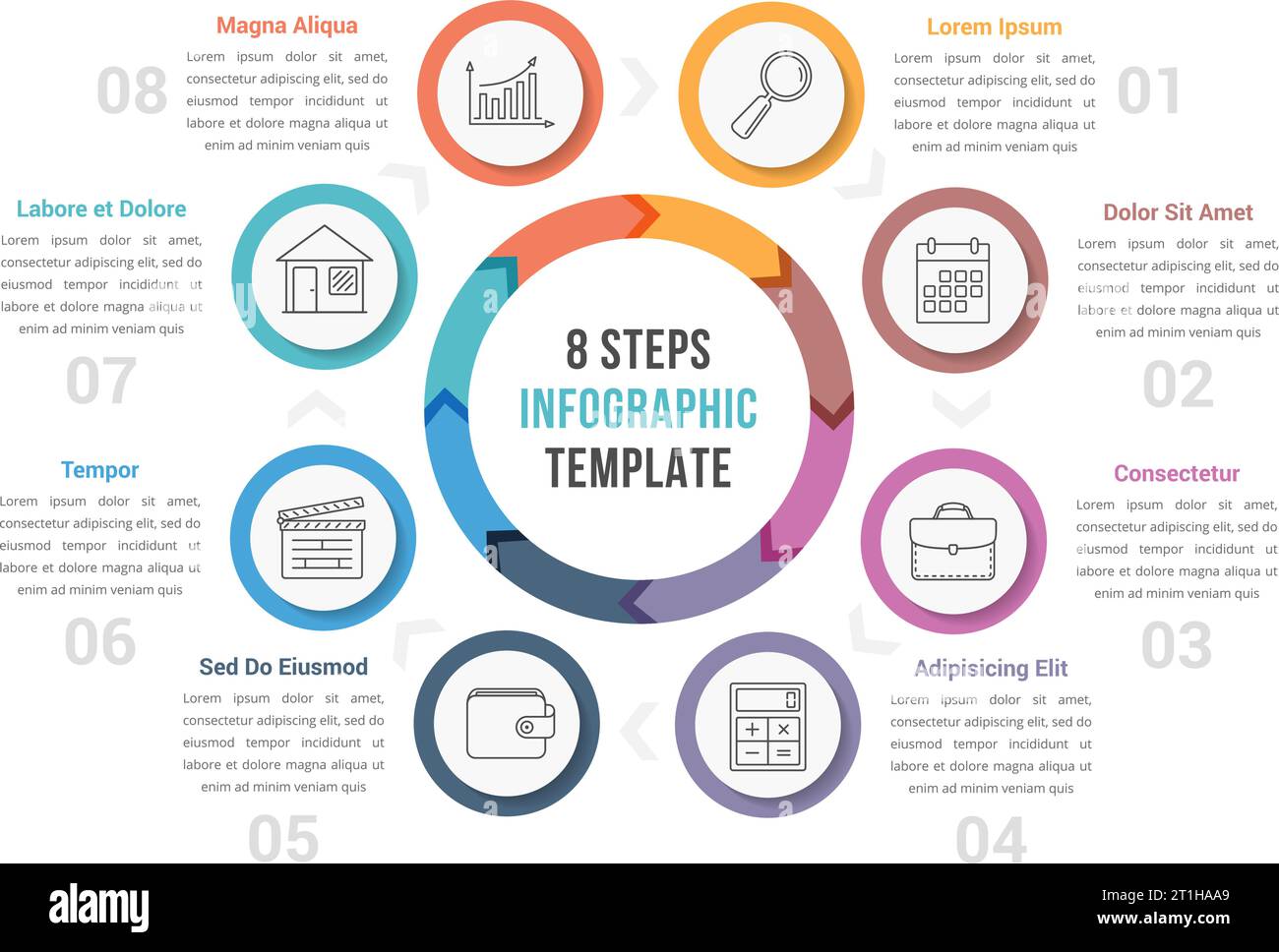 Circle diagram infographic template with arrows with eight steps ...