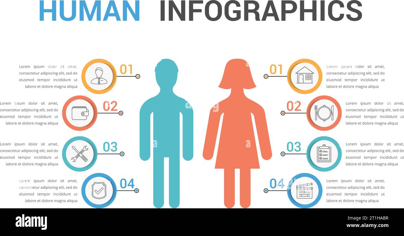 Human infographics, man and woman silhouettes with icons and text ...