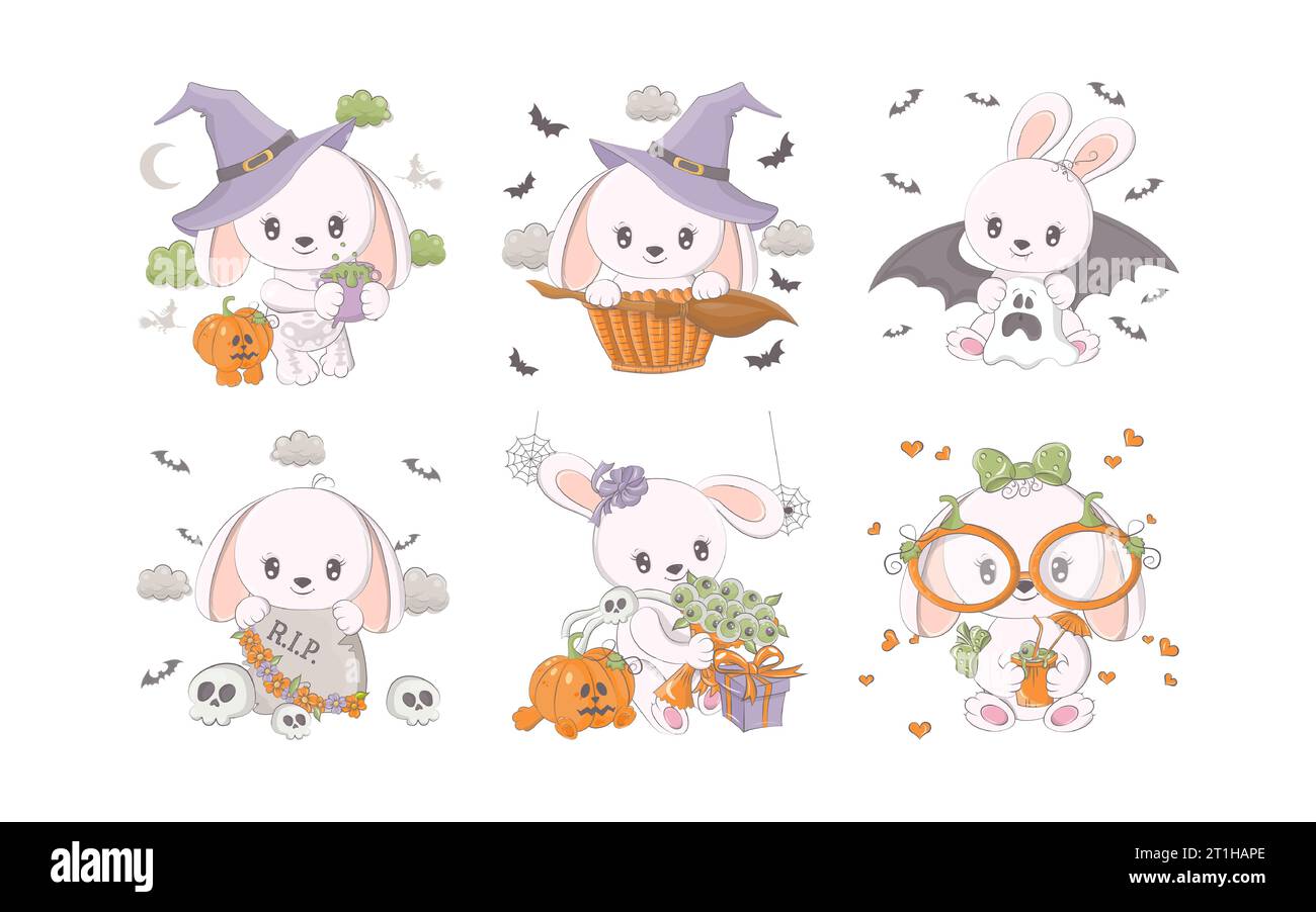 Set of Cartoon Halloween Rabbit. Collection of Cute Vector Halloween ...
