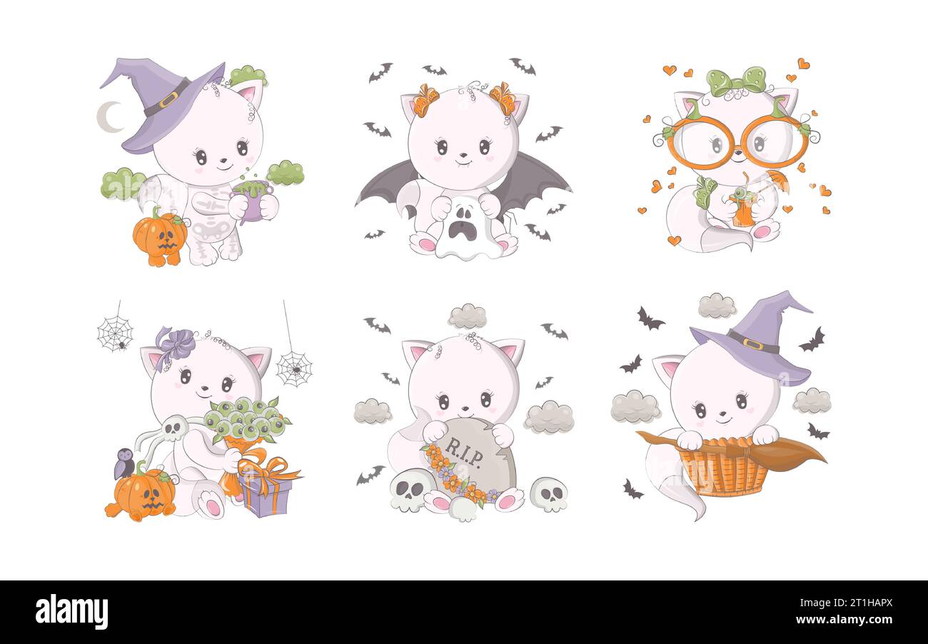 Set of Cartoon Halloween Cat. Collection of Cute Vector Halloween ...