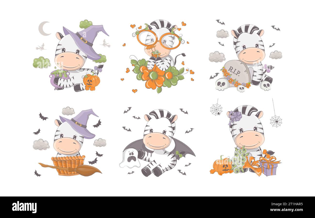 Set of Cartoon Halloween Zebra. Collection of Cute Vector Halloween ...