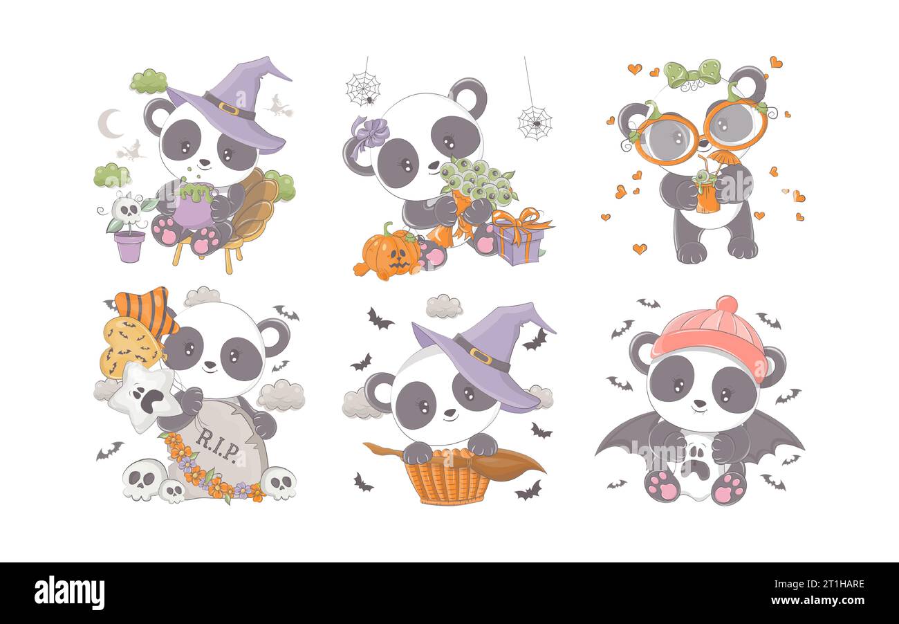 Set of Cartoon Halloween Panda. Collection of Cute Vector Halloween ...