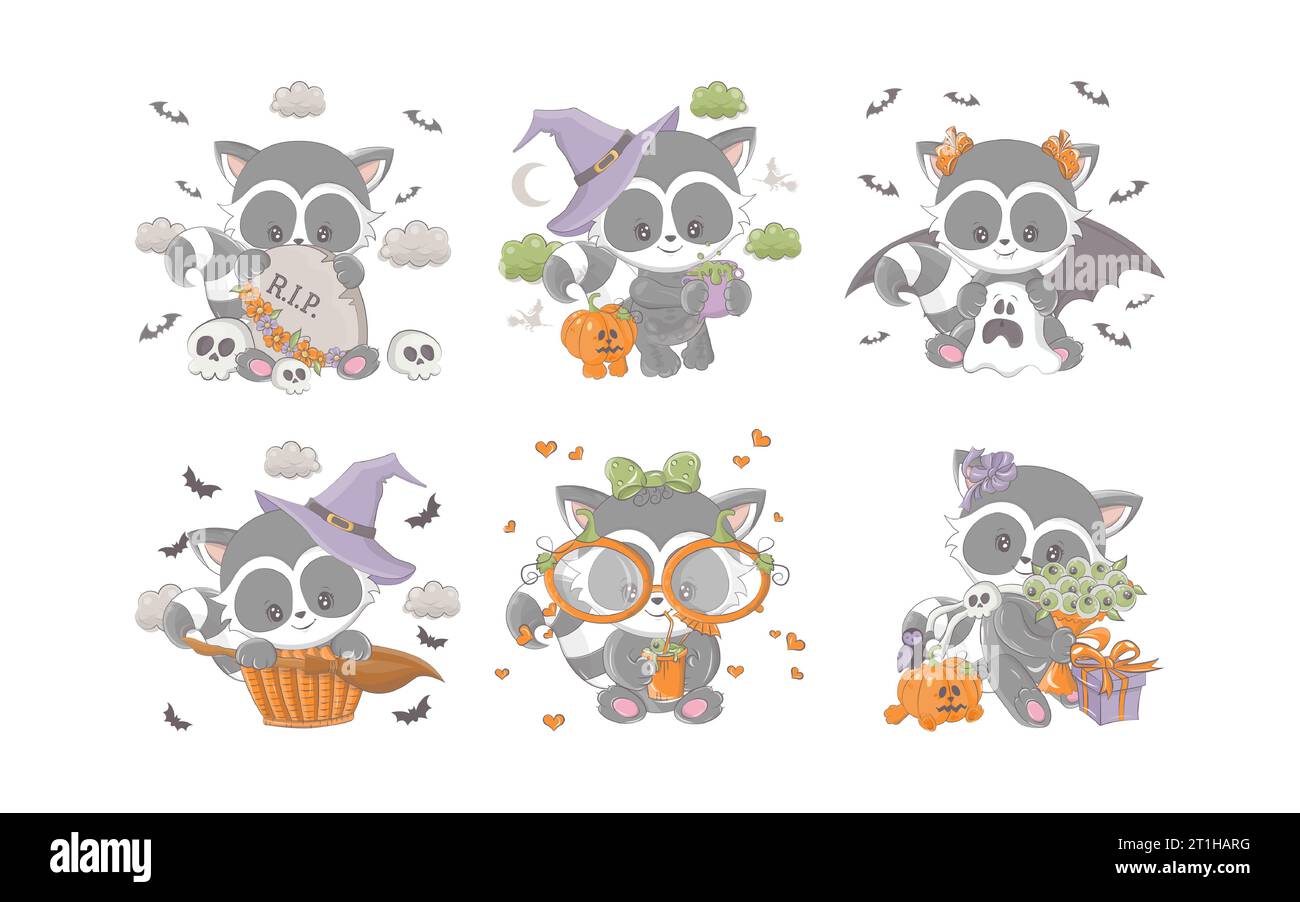 Set of Cartoon Halloween Raccoon. Collection of Cute Vector Halloween ...