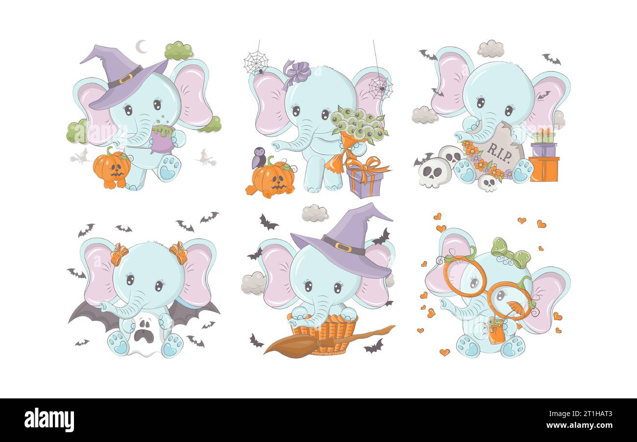 Set of Cartoon Halloween Elephant. Collection of Cute Vector Halloween Animal Illustrations ...