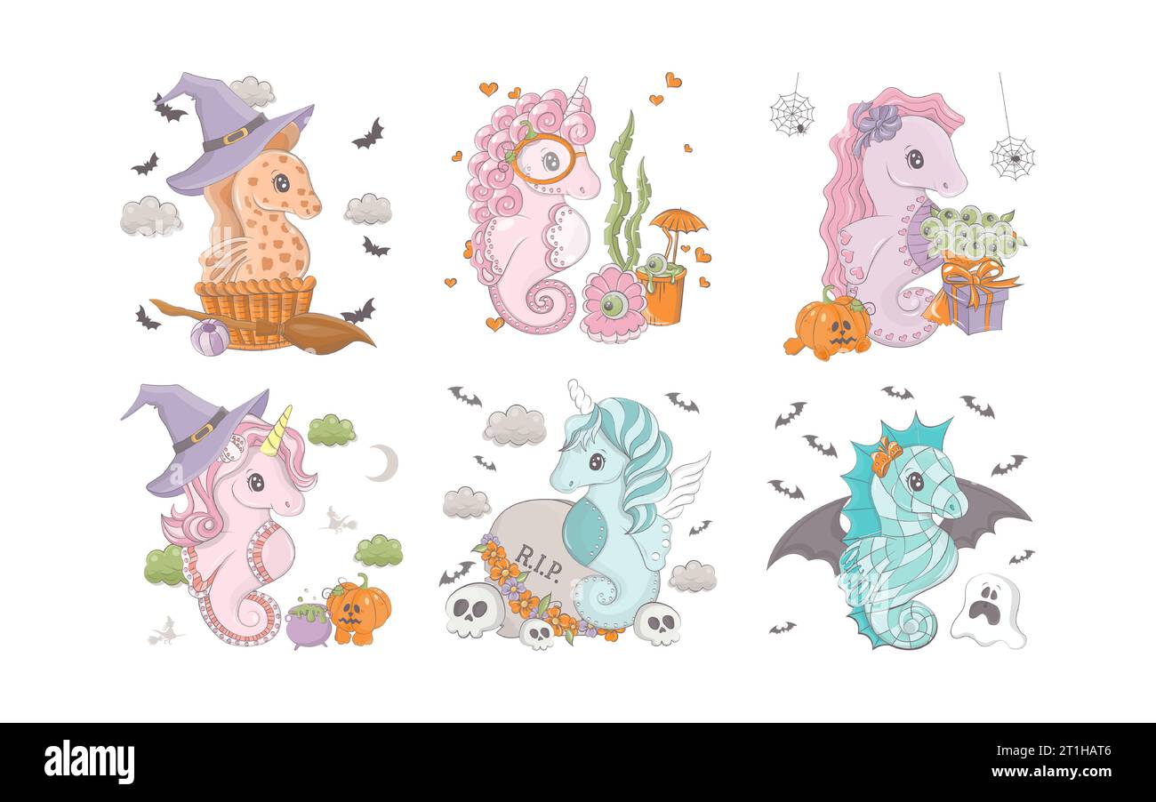 Set of Cartoon Halloween Seahorse. Collection of Cute Vector Halloween ...