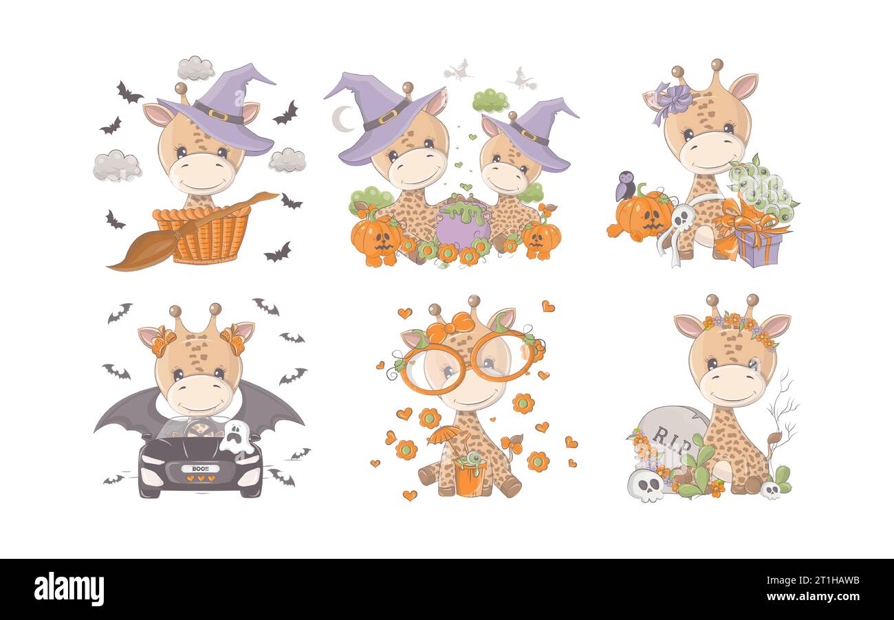 Set of Cartoon Halloween Giraffe. Collection of Cute Vector Halloween ...