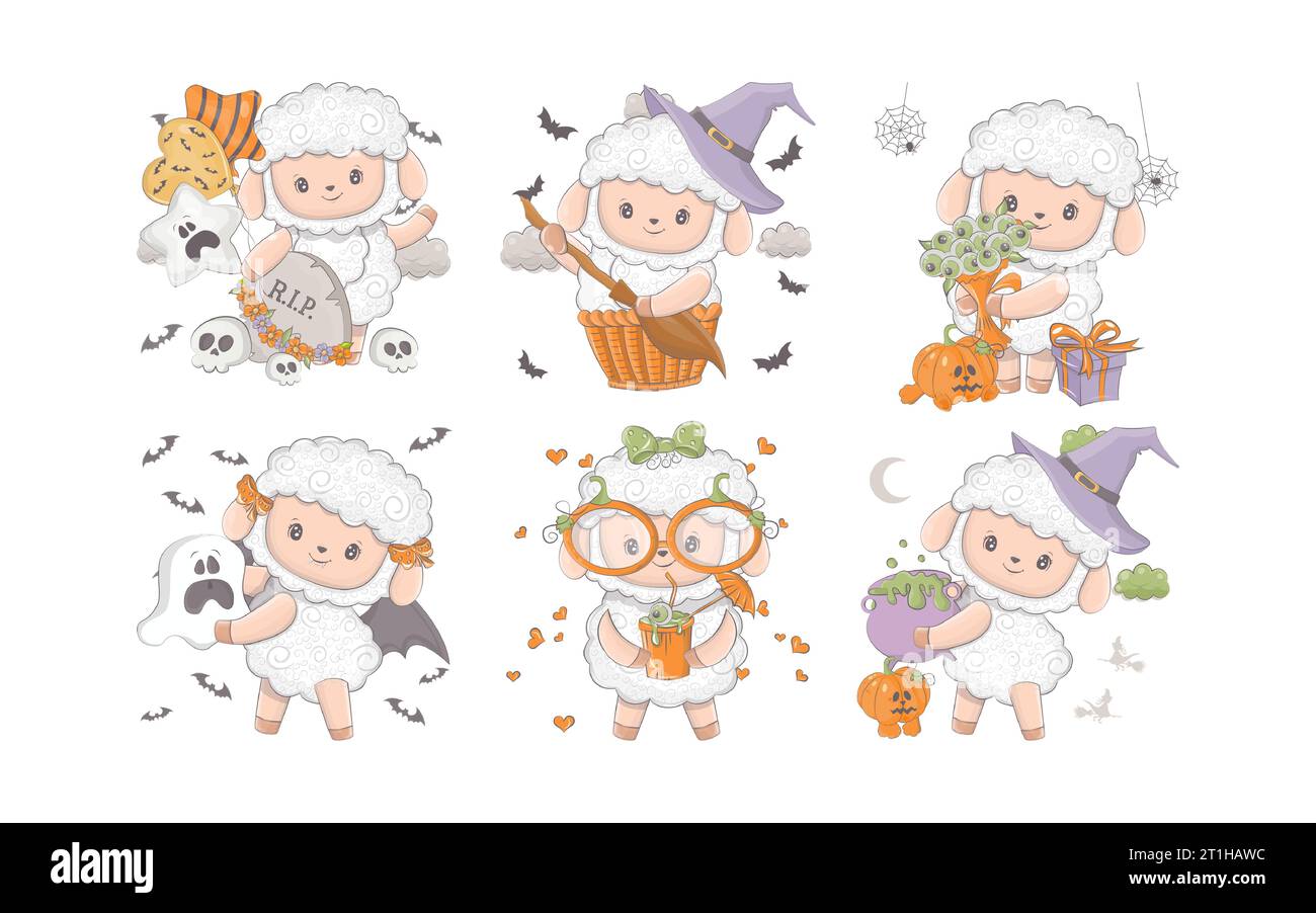 Set of Cartoon Halloween Sheep. Collection of Cute Vector Halloween ...