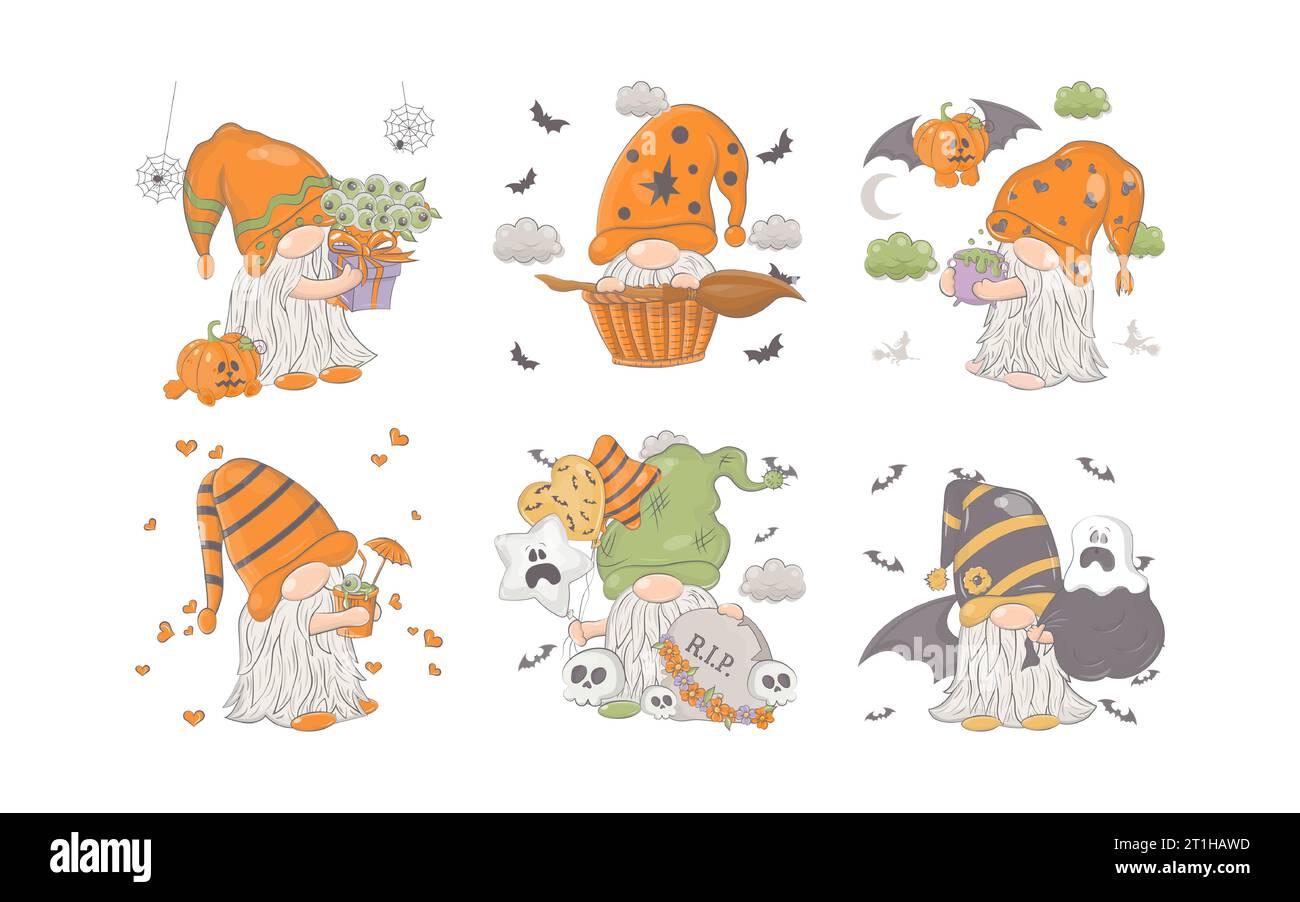 Set of Cartoon Halloween Gnome. Collection of Cute Vector Halloween ...