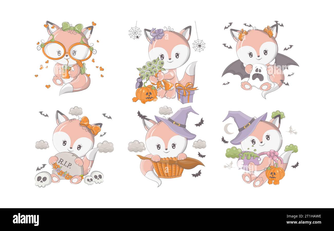 Set of Cartoon Halloween Fox. Collection of Cute Vector Halloween ...