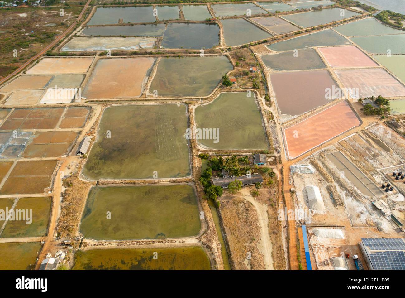 Aerial drone of Landscape of the beautiful salt ponds. Salt reclamation ...
