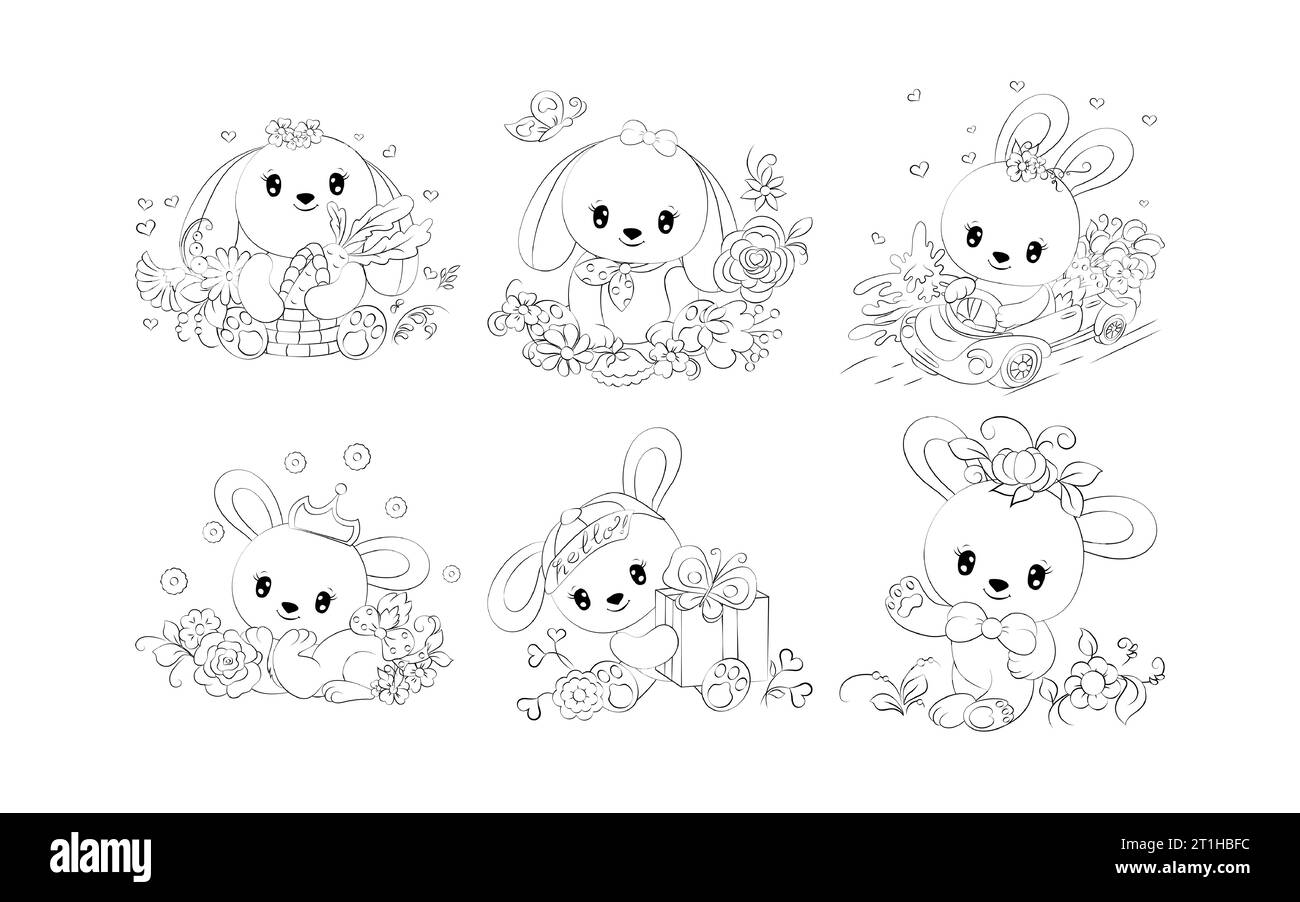 Set of Cartoon Isolated Bunny Coloring Page. Collection of Cute Vector ...