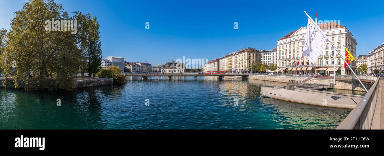 The Rhône river flowing into Lake Geneva, in Geneva, Switzerland Stock ...