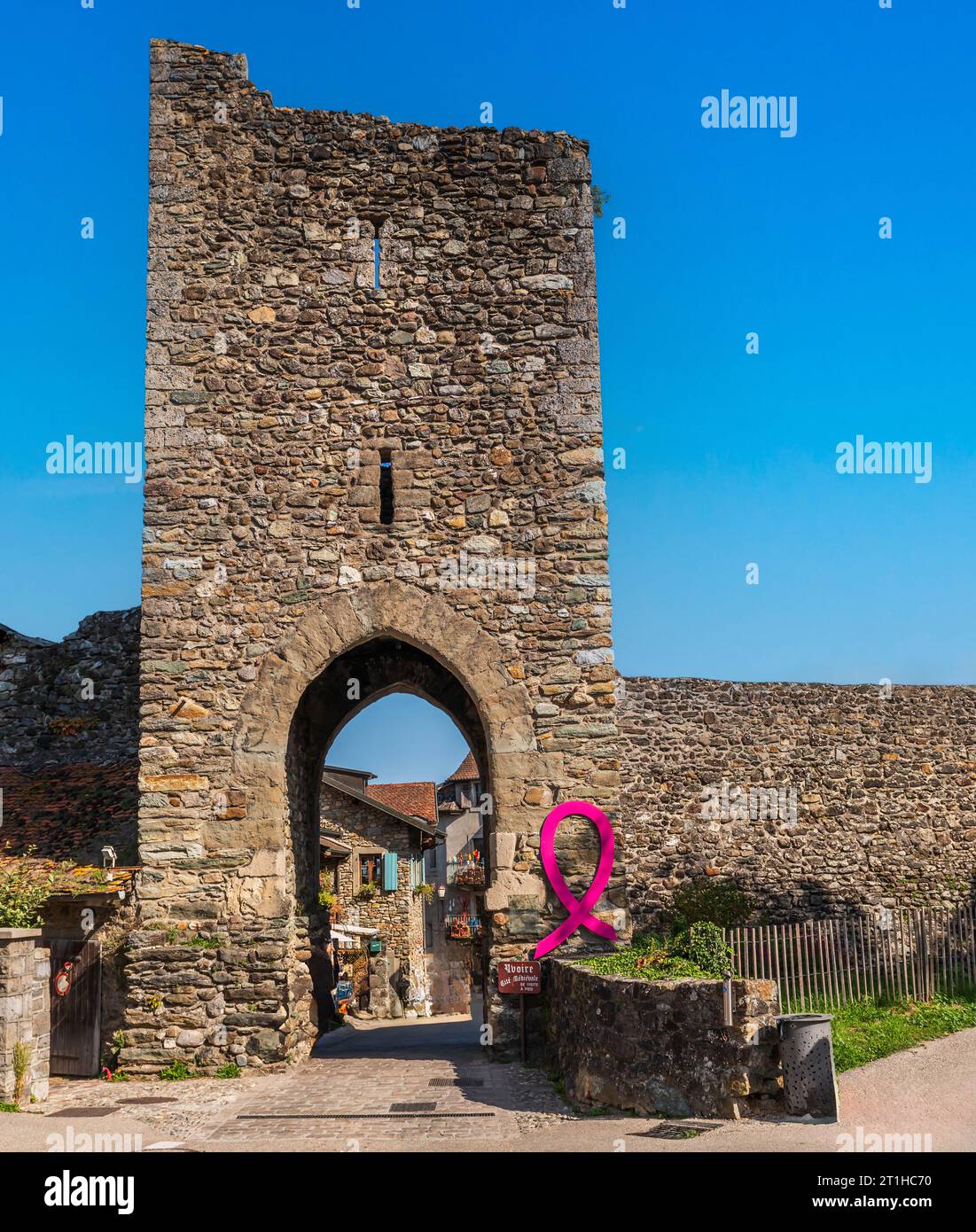 Entrance to the village and its old door, of the medieval village of ...