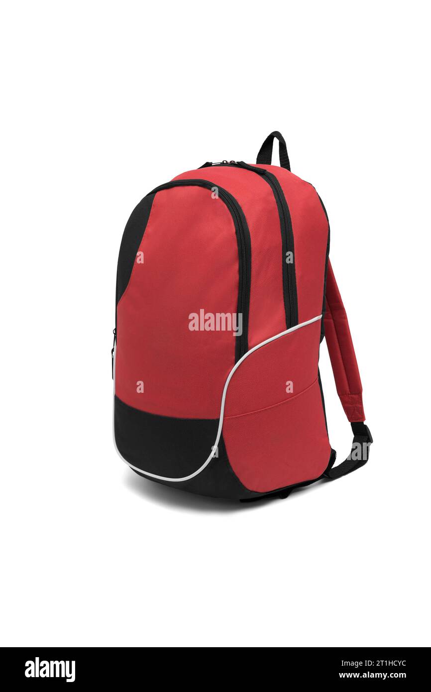 close up trendy fashionable school backpack red and black color ...