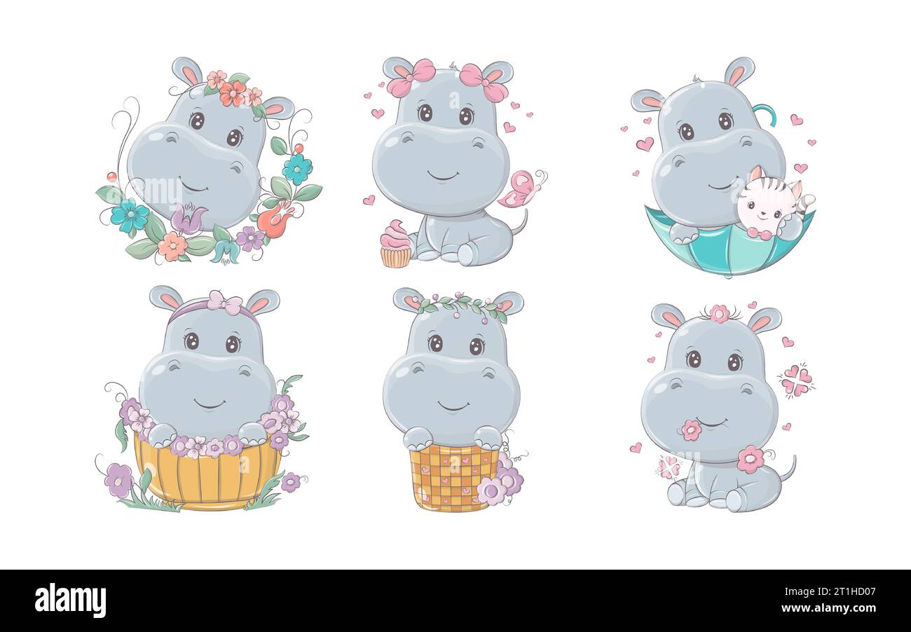 Set of Cartoon Isolated Hippo. Collection of Cute Vector Cartoon ...