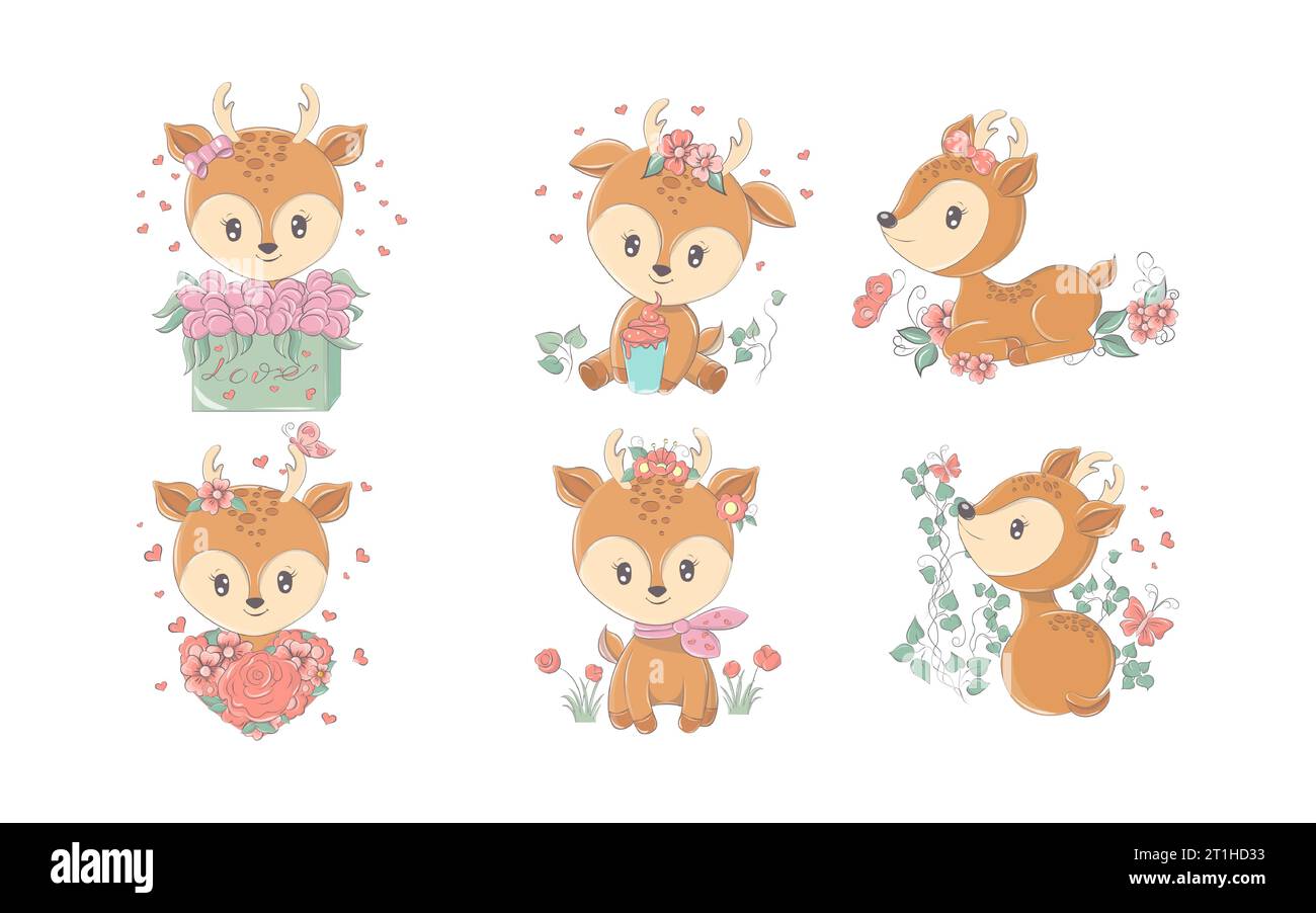 Set of Cartoon Isolated Deer. Collection of Cute Vector Cartoon Animal ...