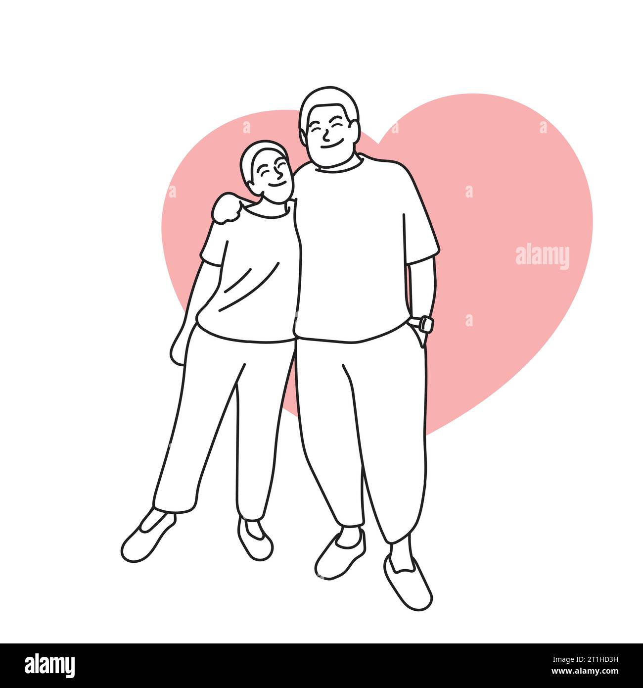 lover couple embracing on big pink heart shape illustration vector hand drawn isolated on white ...