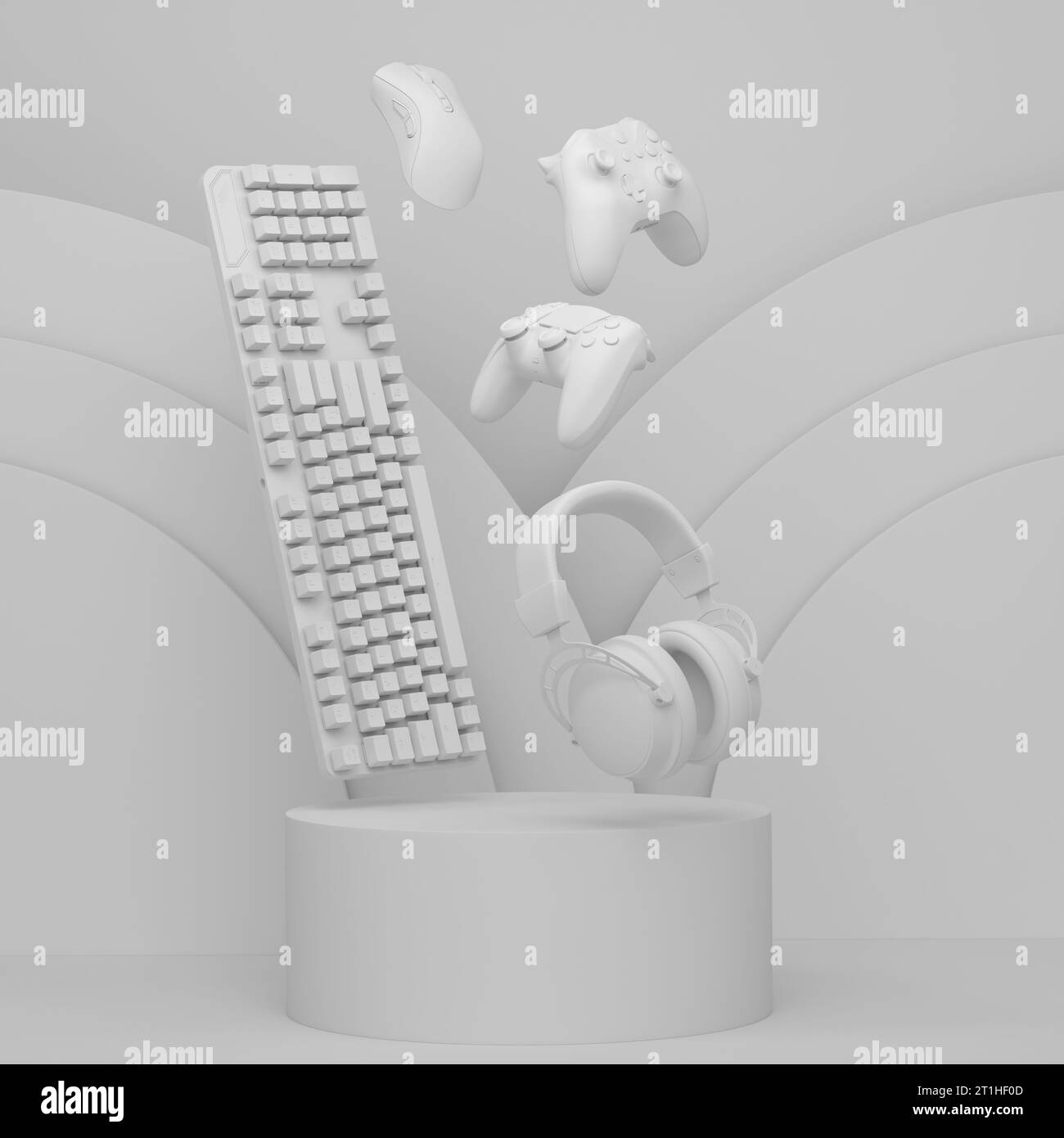 Set of video game joystick, keyboard, mouse and headphones on cylinder ...