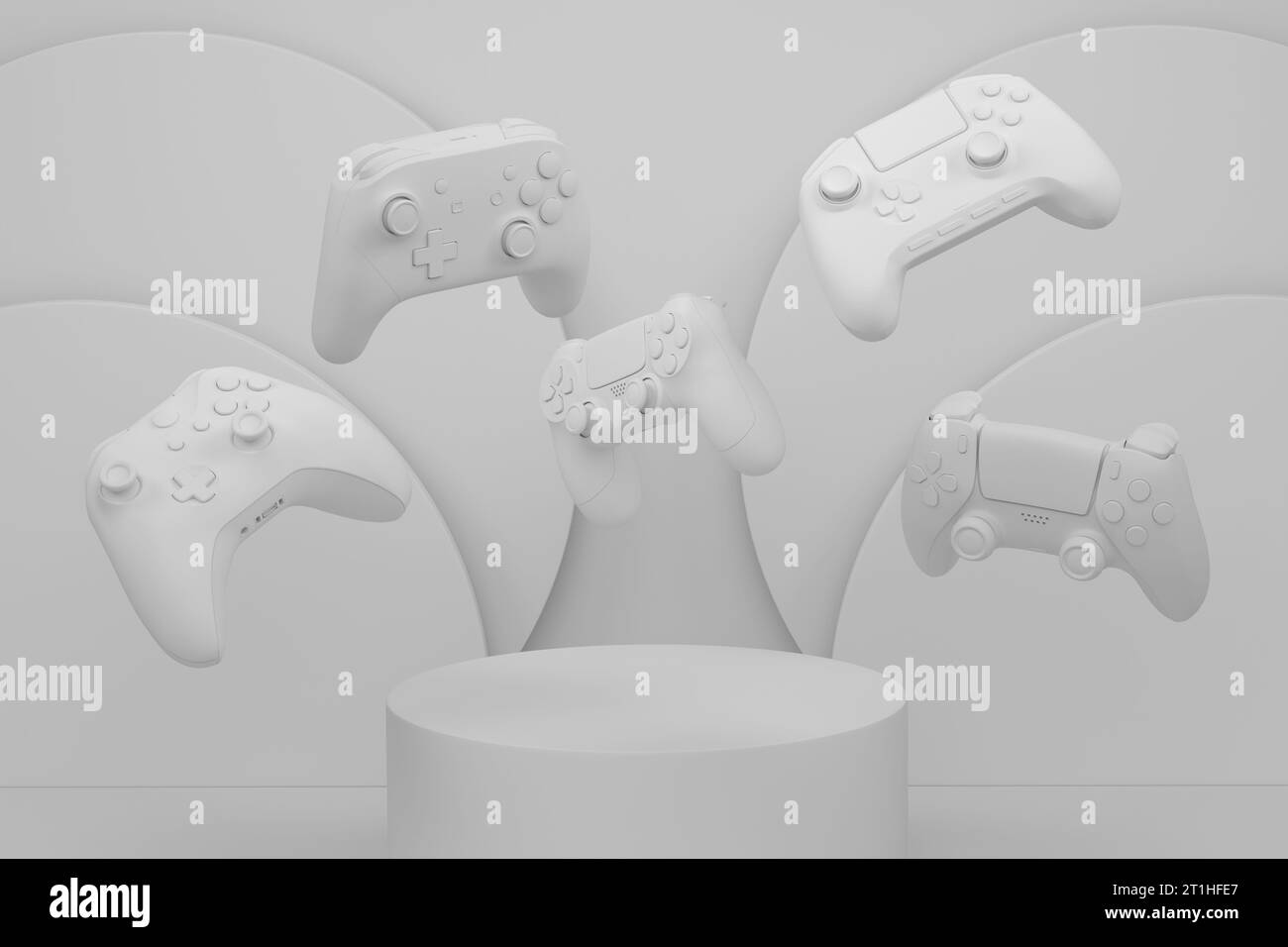 Set of video game joystick on cylinder podium with steps on monochrome ...