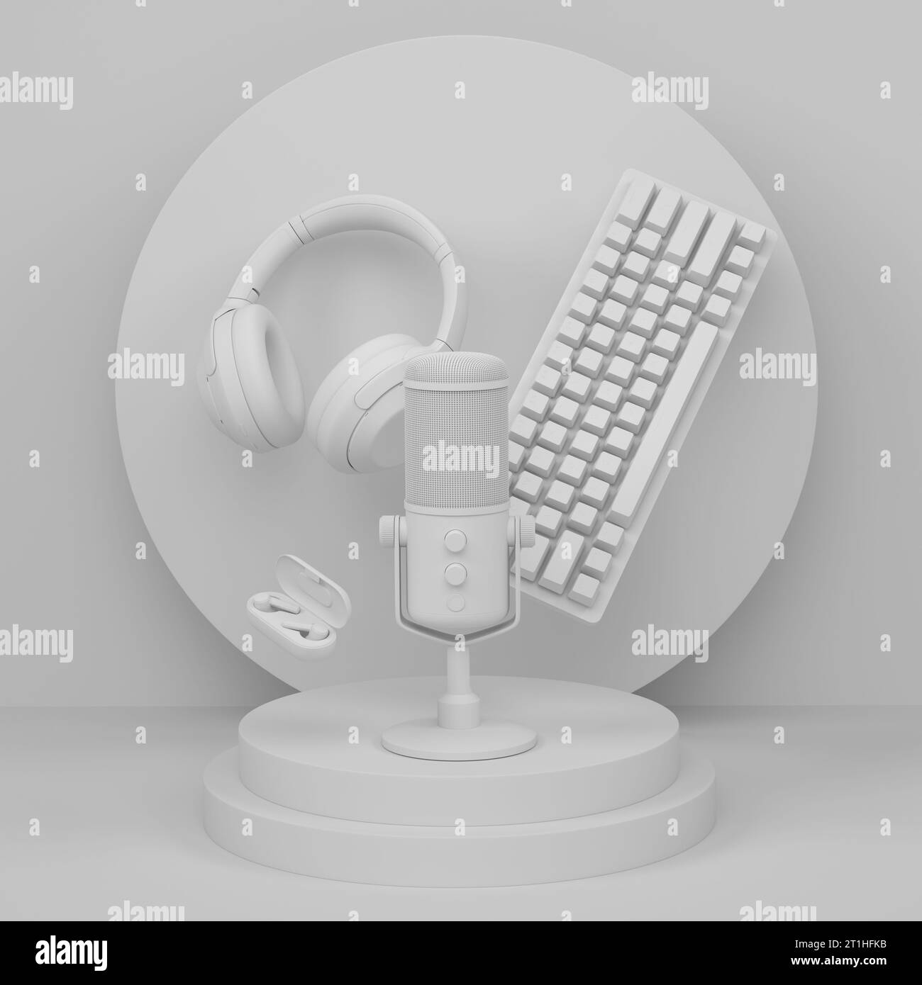 Set of video game microphone, keyboard and headphones on cylinder ...