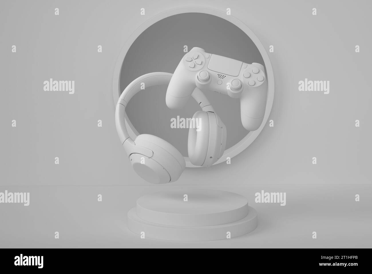 Set of video game joystick and headphones on cylinder podium on ...