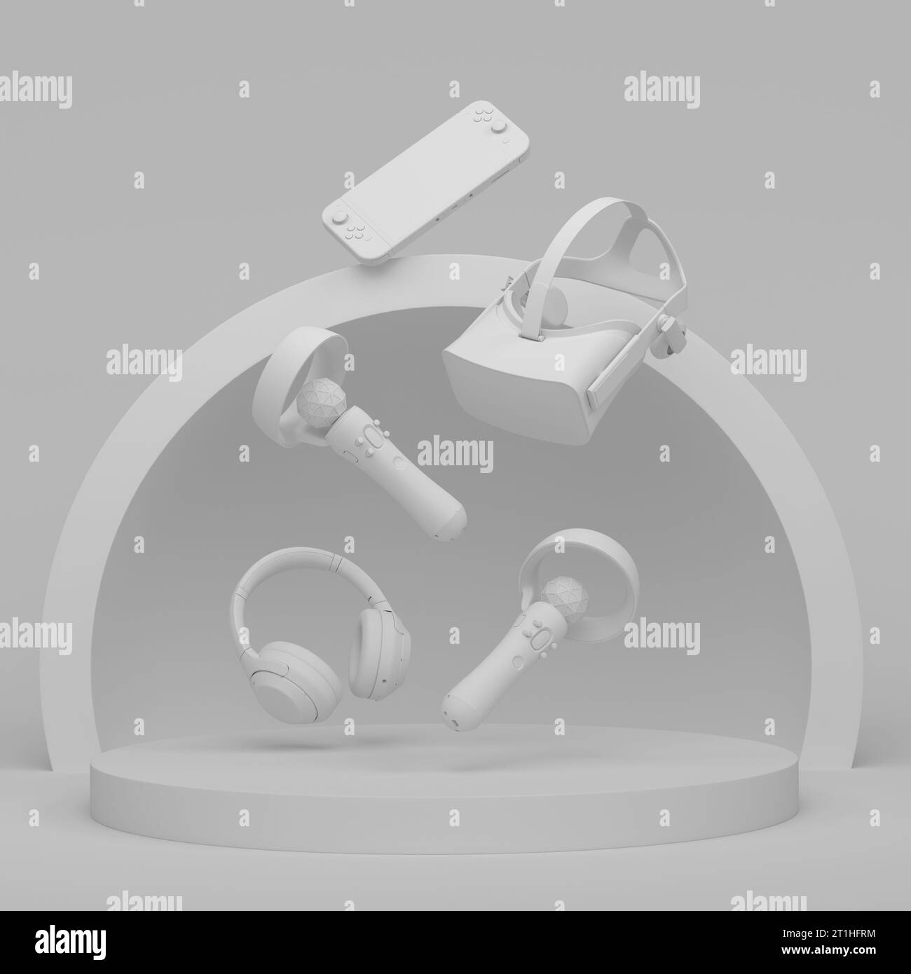 Set of video game joystick, VR glasses and headphones on cylinder ...